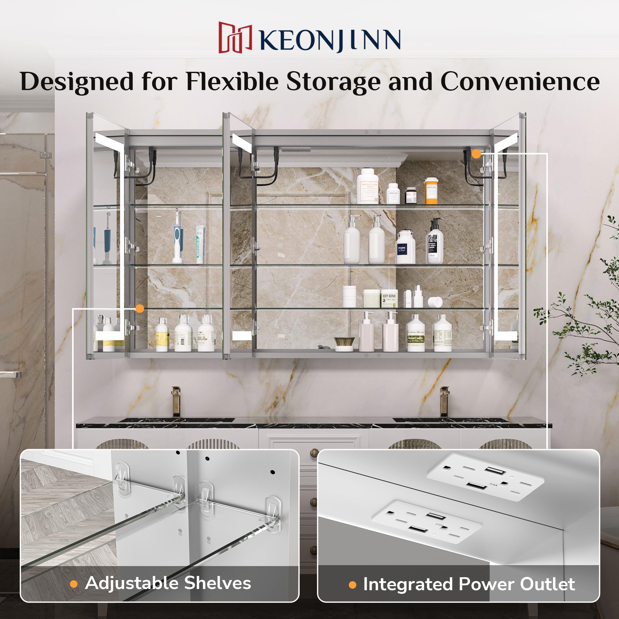 Keonjinn 24 x 32 LED Medicine Cabinet for Bathroom with Light Adjustable Shelves Electrical Outlet Dimmable Defogging 3 Color Light Tempered Glass LED Vanity Mirror with Storage Recessed/Surface Mount