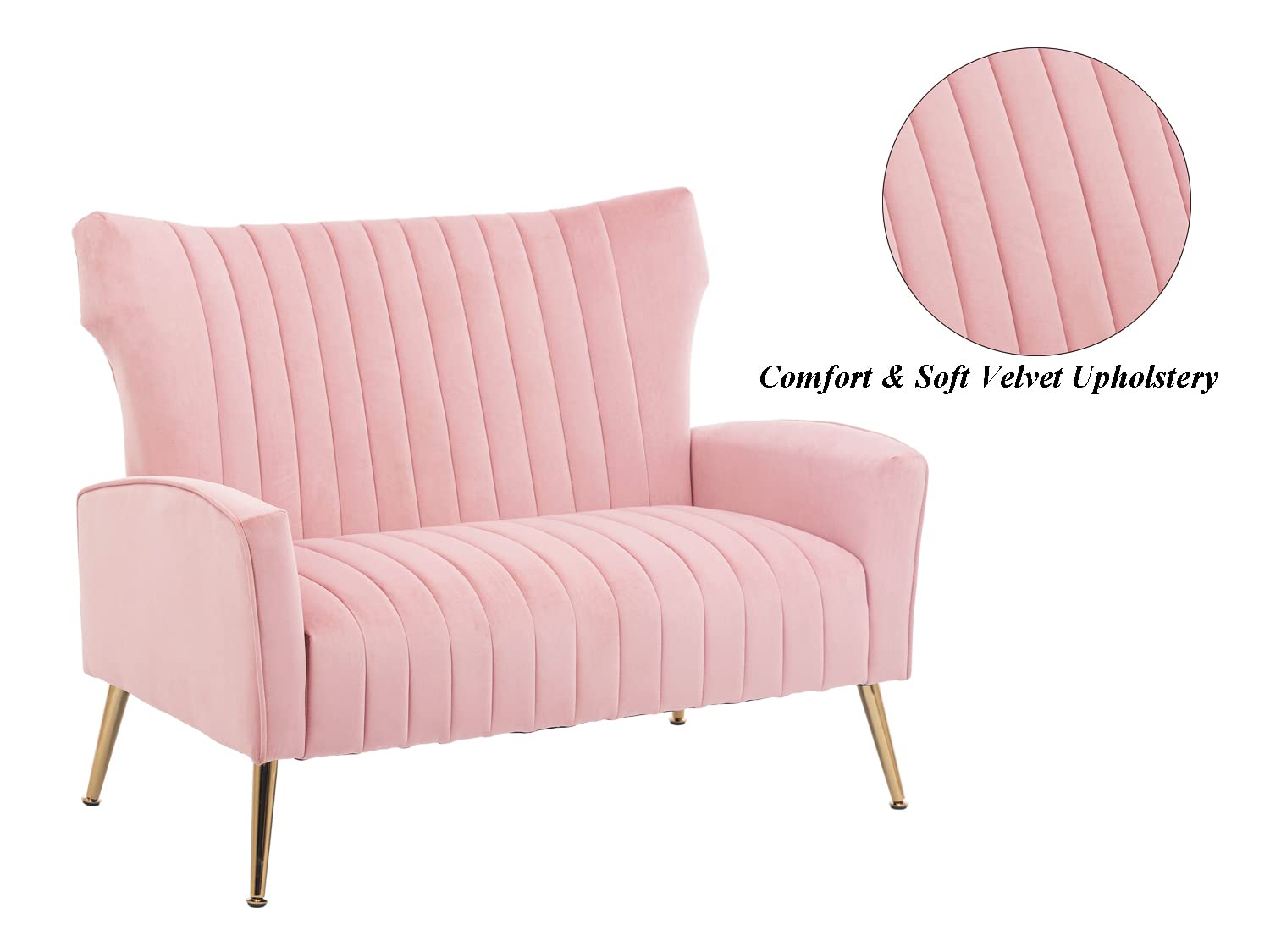 Altrobene Velvet Couch Modern Wingback Loveseat Tufted Luxury Sofa with Gold Legs for Living Room/Bedroom, Light Pink