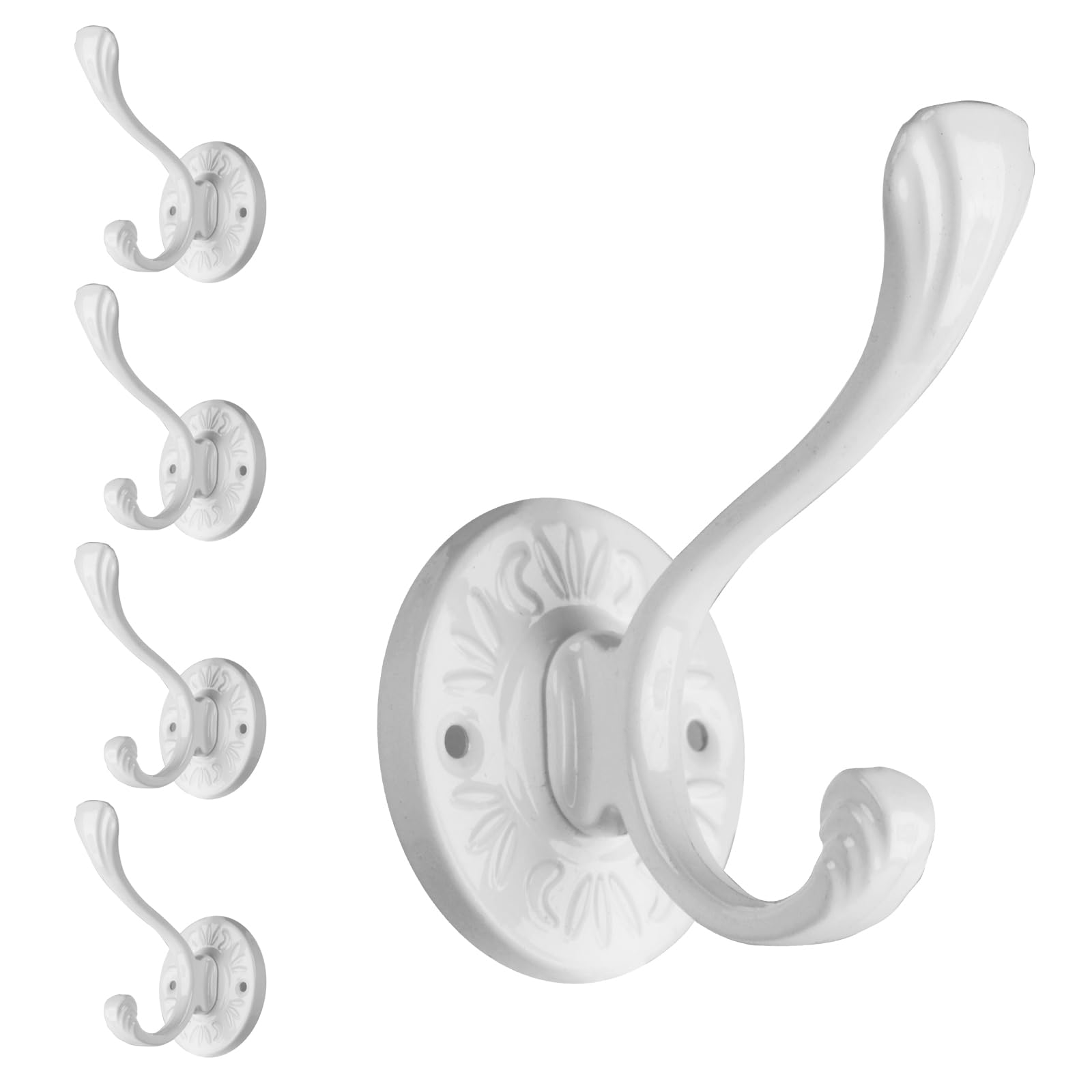 5pcs White Coat Hooks Wall Mounted Coat Hooks Farmhouse Matte Black Wall Hooks with Screws Metal White Towel Hooks for Bathrooms Entryway Hooks for Hanging Coats, Keys, Hats, Scarves, Robe, Bags