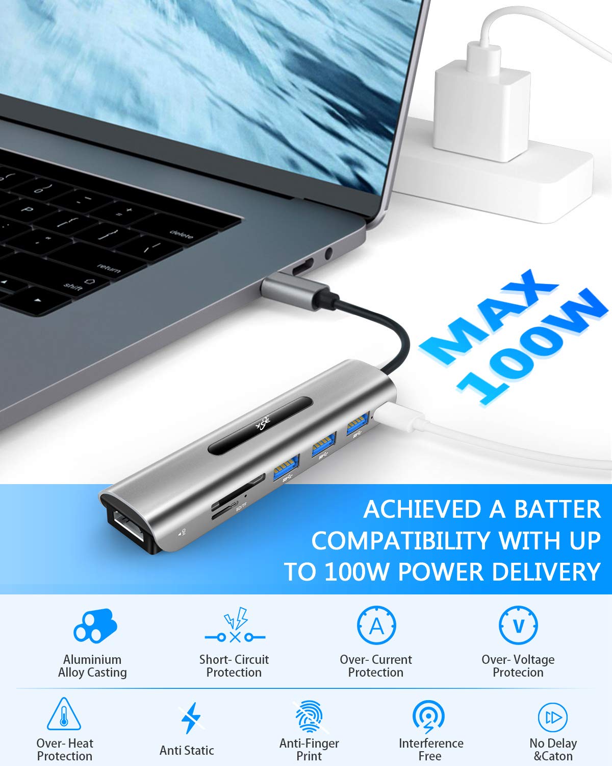 USB C Hub, 7 in 1 USB C to 4K HDMI Adapter with 100W Power Delivery, 3 USB 3.0 Ports, SD/TF Card Readers for MacBook/Pro/Air/iMac/iPad Pro and Type C Laptops Chromebook