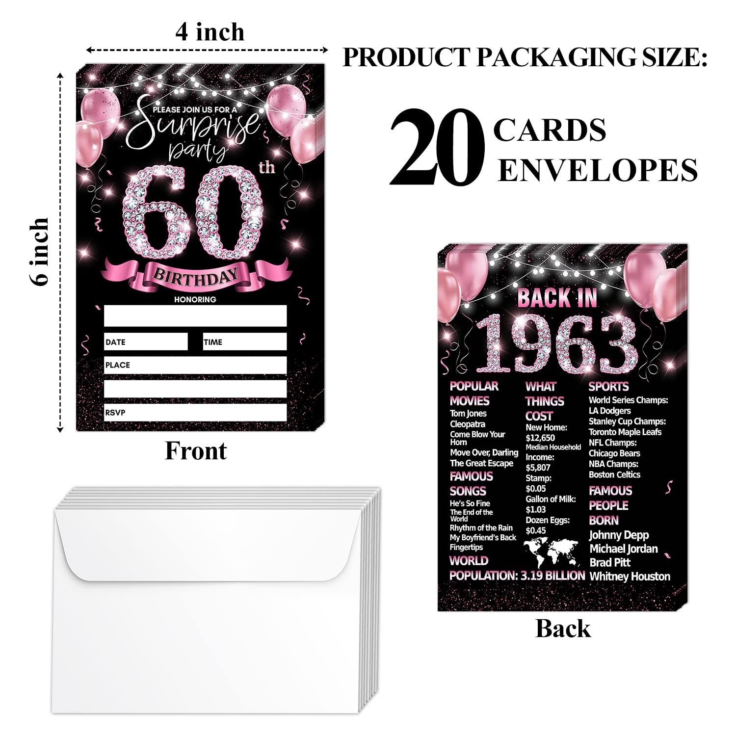 60th Birthday Party Invitation Card - Rose Gold Invites with Back In 1963 Poster Printing On The Back Double-Sided Fill-in Invites - 20 Cards with Envelopes for Party Favors - sr-06