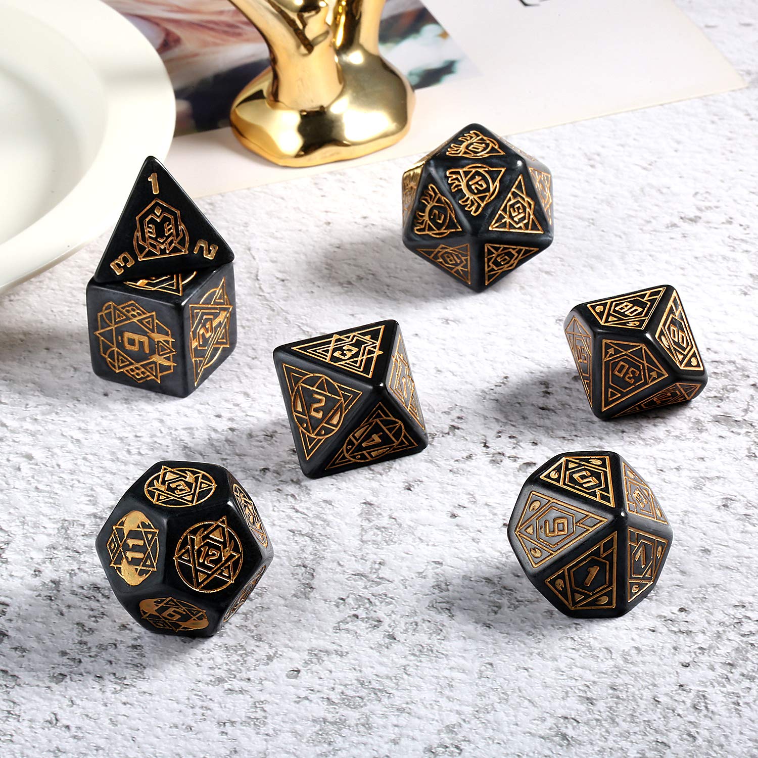 25mm Giant Polyhedral Dice Set D&D, DNDND Constellation Patterns DND Dice with Metal Tin for Role Playing Game Dungeons and Dragons (Black with Gold Number)