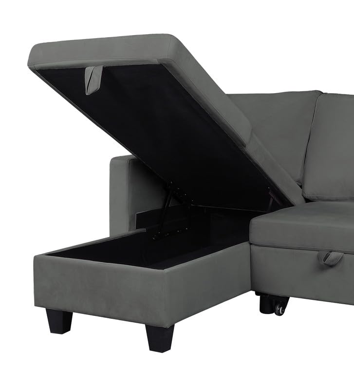 TUTB 82.5'' L-Shape Convertible Sleeper Sectional Sofa with Storage Chaise and Pull-Out Bed, Velvet Upholstered Reversible Corner 3 Person Couch, for Living Room, Apartment, Dark Gray