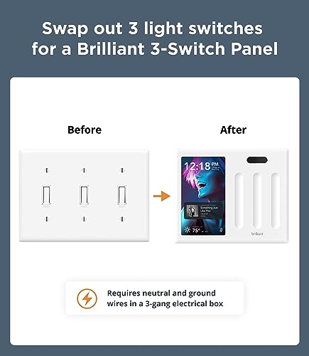 Brilliant Smart Home Control (3-Switch Panel) β Alexa Built-In & Compatible with Ring, Sonos, Hue, Google Nest, Wemo, SmartThings, Apple HomeKit β In-Wall Touchscreen Control for Lights, Music, & More