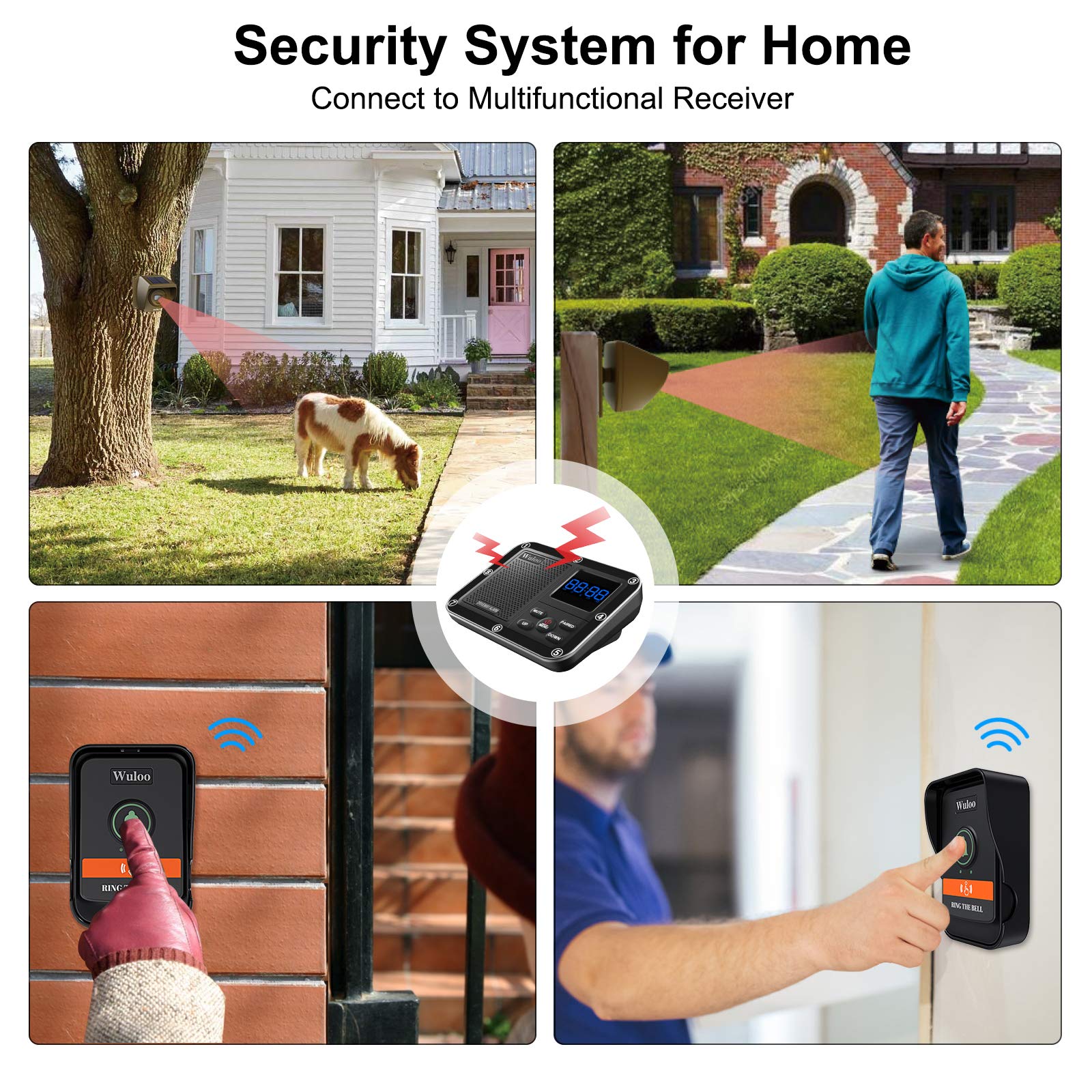 Wuloo Wireless Doorbells for Home, Solar Driveway Alarm, Multifunctional Wireless Home Security System, Rechargeable Battery/Weatherproof/Mute Mode/Clock and Alarm (1 Receiver 1 Sensor 1 Doorbell)