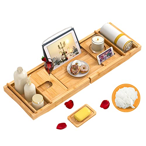 Domax Bathtub Caddy Tray Expandable Bamboo Tub Tray for Luxury Bath with Book Holder and Free Soap Dish Yellow