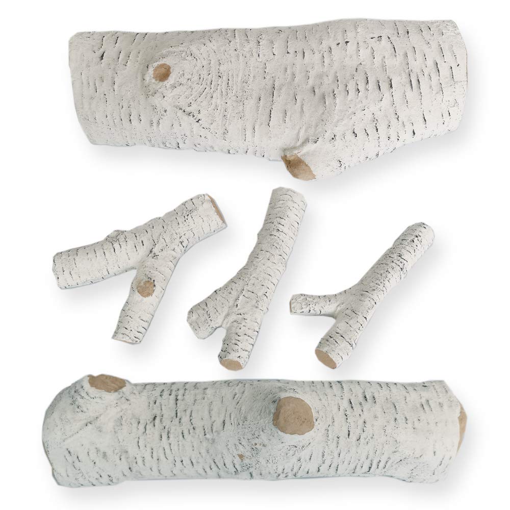 3GPlus Birch Ceramic Wood Gas Fireplace Logs Sets for Gas Inserts, Ventless Propane, Gel, Ethanol, Electric or Outdoor Fireplaces and Fire Pits, Realistic Clean Burning Accessories, 5 Pieces