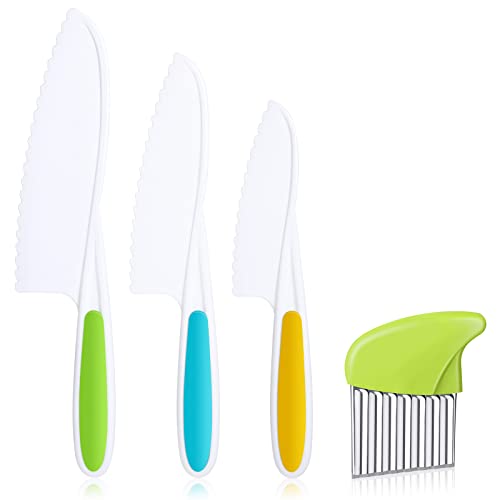 4 Pcs Kids Knife Toddler Safe Cutter Serrated Edges Set for Kitchen Cooking Plastic Children's Cooking Friendly Knife and Crinkle Cutter for Fruit Cake Food Vegetable (Green, Blue, Yellow)