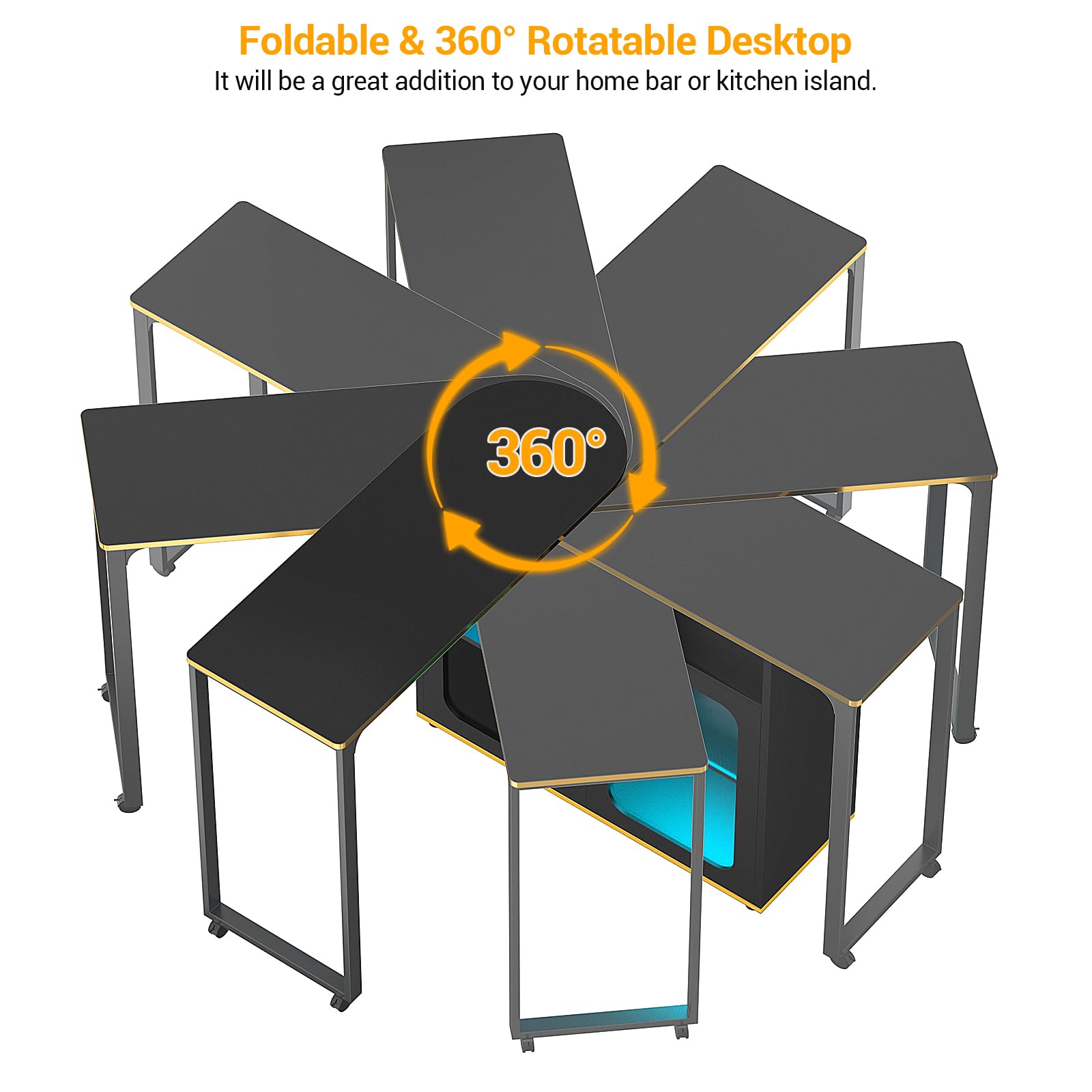 Cyclysio 360° Rotating Bar Cabinet, 59" Home Bar with LED Light & Charging Station, Double-Sided Foldable Liquor Wine Cabinet with Storage for Bar, Liquor, Coffee, Dining, Working, Black