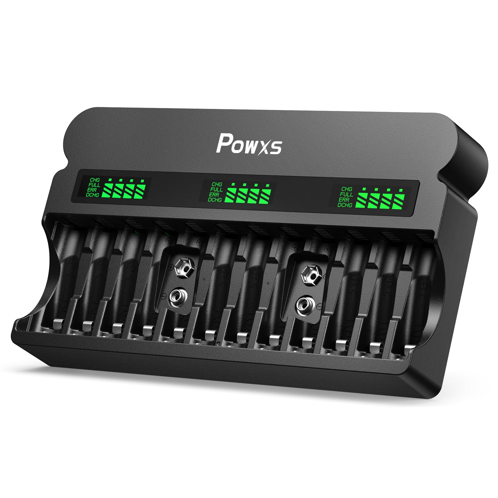 POWXS Rechargeable AA AAA 9V Battery Charger with 1800mA High-Speed, 12 Bay Independent Battery Charger for 1.2V Ni-MH Ni-CD AA AAA 9V Rechargeable Batteries and 9V Lithium ion(Include AC Cable)