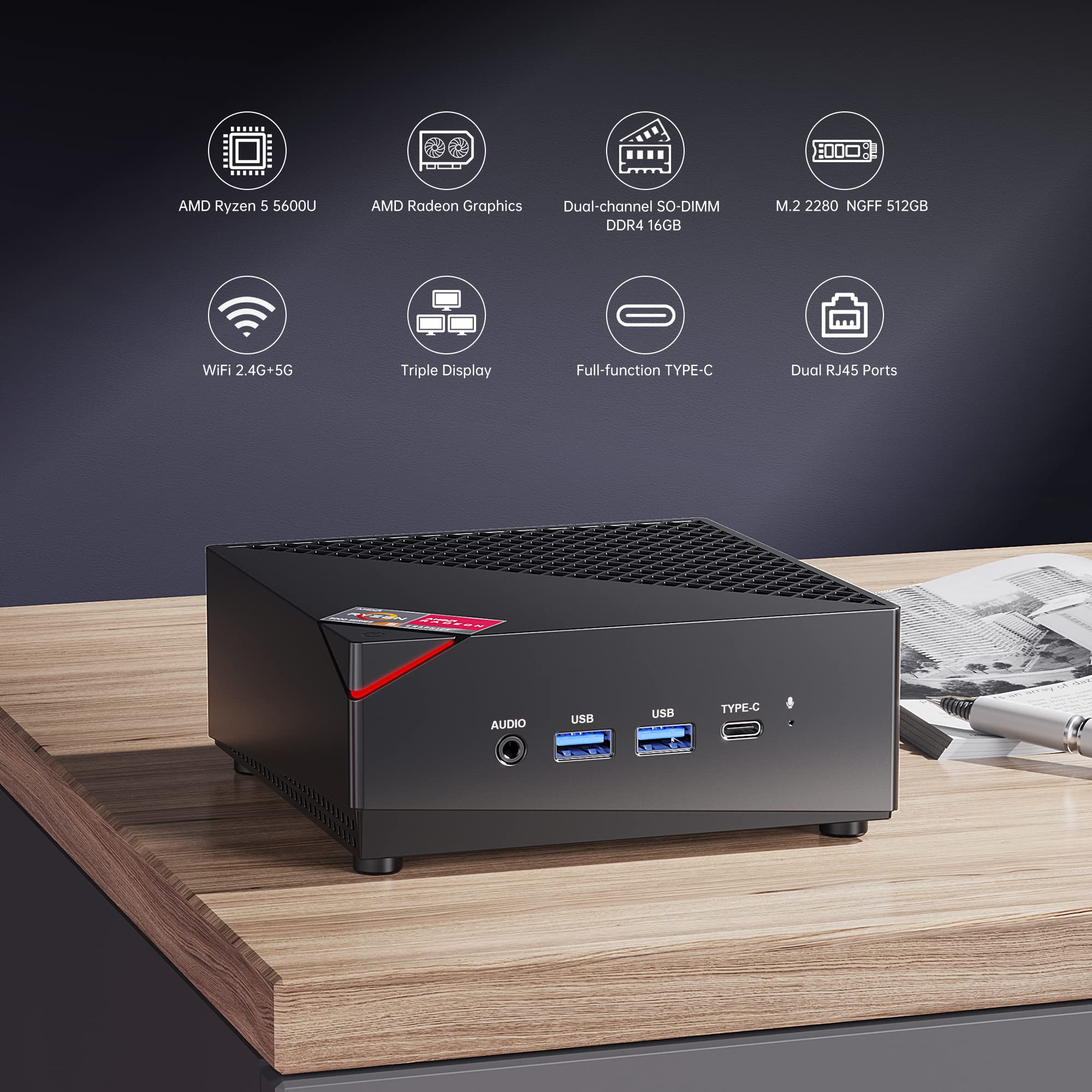 ACEMAGICIAN Mini PC, AMD Ryzen 5 5600U(6C/12T, up to 4.2 GHz), Mini Computers Windows 11 Pro 16GB DDR4 RAM 512GB M.2 2280 SSD Graphics 7 Core 1800 MHz, Support 2.5 Inch HDD