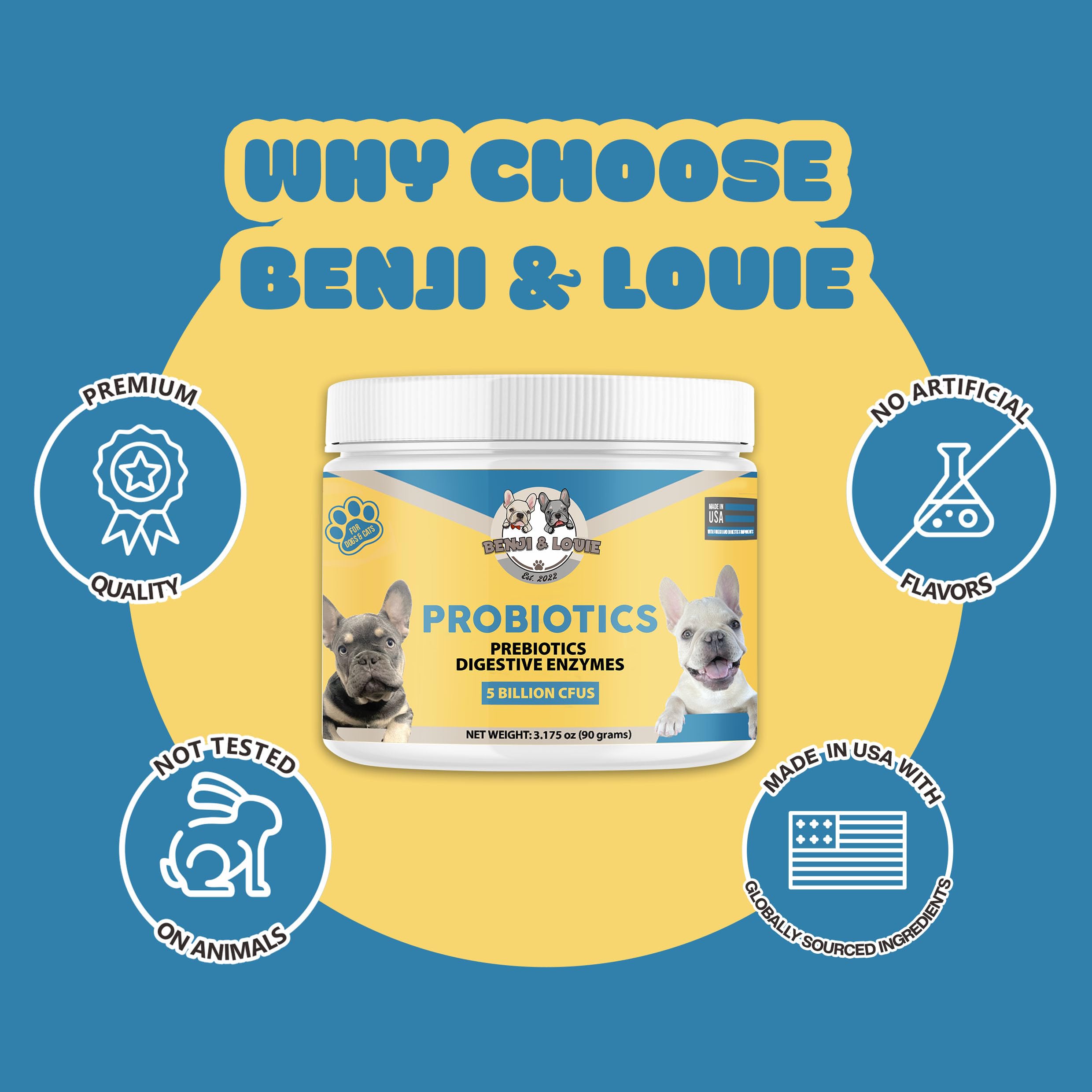 Dog Probiotics, Cat Probiotics, Probiotics for Dogs, Probiotics for Cat, 5 Billion CFUs + Prebiotics + Digestive Enzymes for Digestive Health & Immune Support, Skin & Coat, Dog Probiotic, 90 Grams