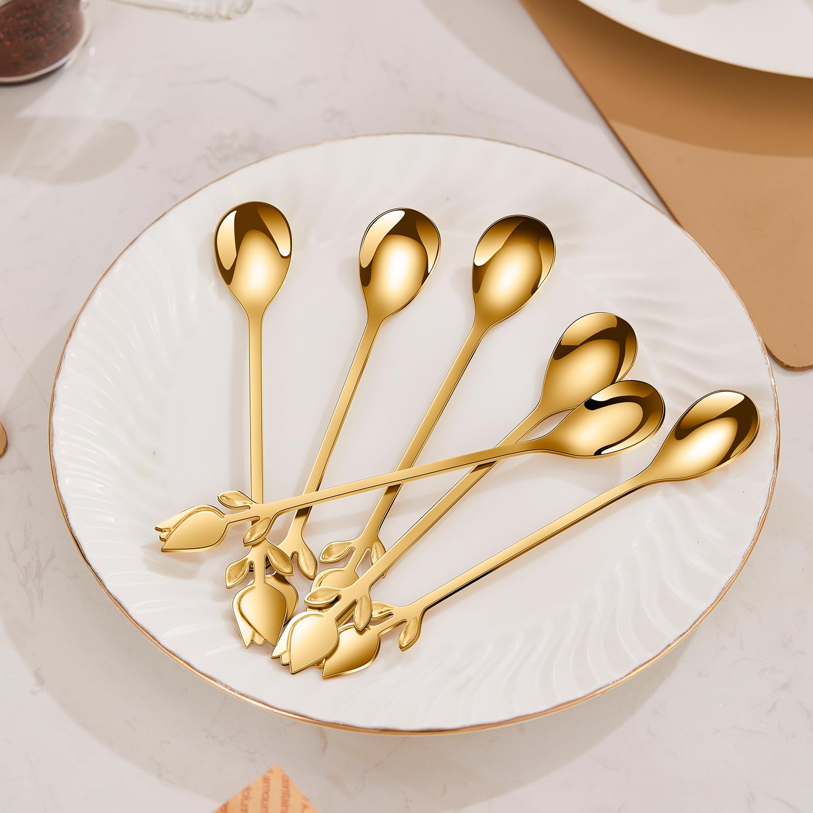 SGVRPVZ Gold Tulip/Rose Handle 12-Pcs Mini Coffee Spoons Set - 6" Stainless Steel for Espresso, Tea, Dessert - Ideal for Demitasse & Small Servings