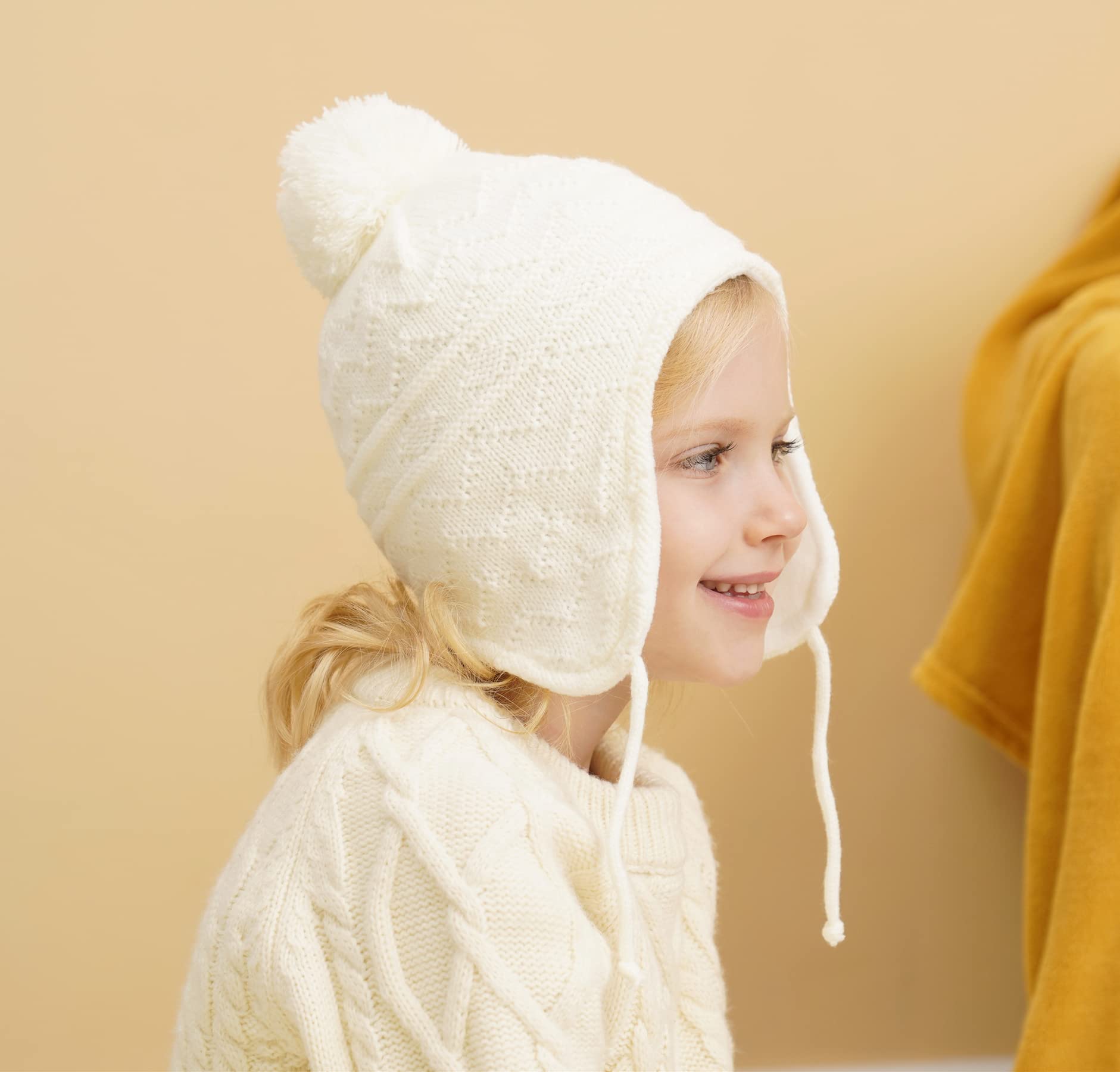 Connectyle Toddler Boys Beanies with Ear Flaps Kids Pompom Beanie Hat Fleece Lined Knit Winter Skull Caps M White