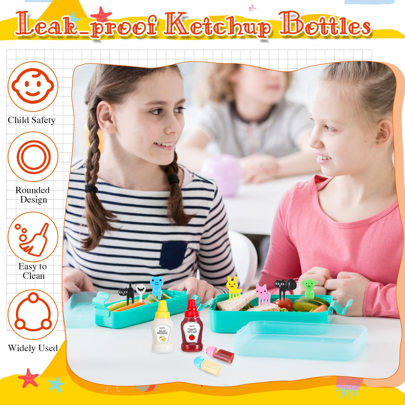 50 Pcs Kids Bento Box Accessories Including Food Picks Mini Condiment Bottles Ketchup Squeeze Bottles, Mini Soy Sauce Container with Funnel for Kids School Bento Camping Office Accessories (Animal)