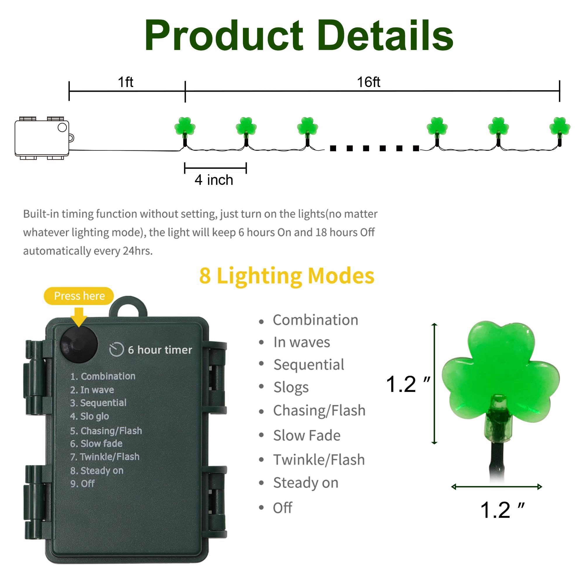 LJLNION St. Patricks Day String Lights Outdoor, 50 LED 16 FT Shamrocks Decorative Green Leaf Lights Battery Operated, 8 Lighting Modes & Timer, Waterproof for Home Garden Party Decoration, 1 Pack