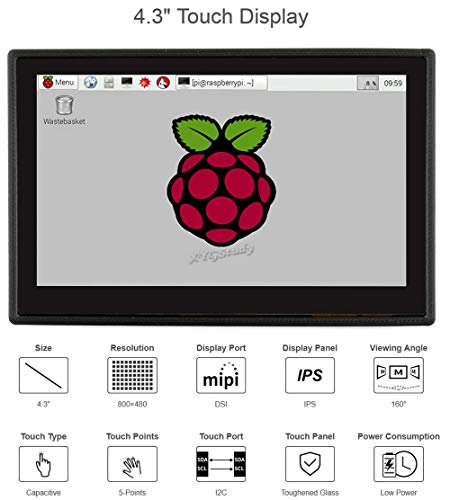 XYGStudy 4.3inch Capacitive Touch Display LCD for Raspberry Pi 4, with Protection Case Cooling Fan Screen Resolution 800×480 IPS Wide Angle MIPI DSI Interface, Supports Pi 4B Driver Free