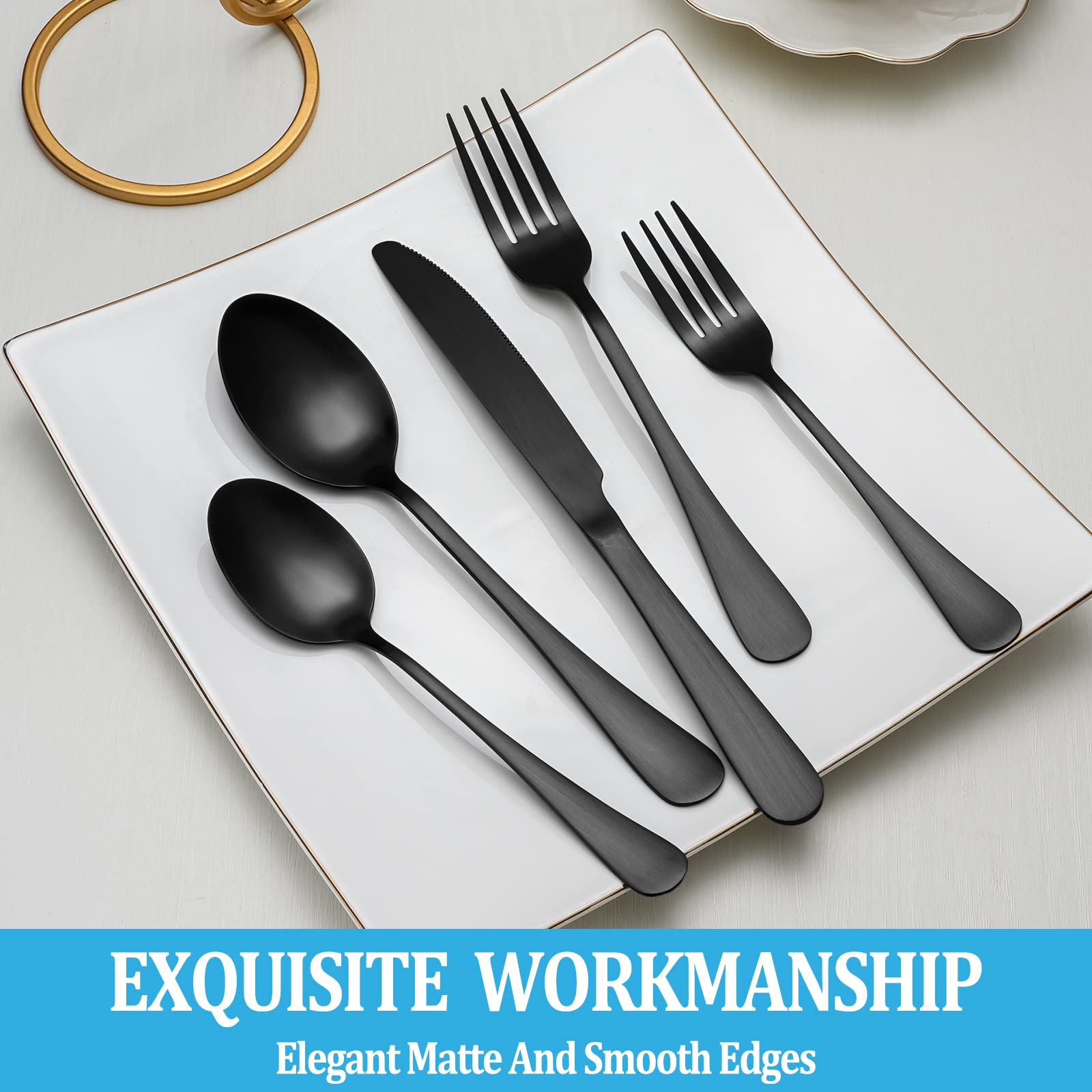 40 Piece Matte Black Silverware Set,Stainless Steel Flatware Cutlery Set Service for 8,Kitchen Tableware Set,Utensil Set for Home and Restaurant,Knives Forks Spoons Set,Satin Finish,Dishwasher Safe