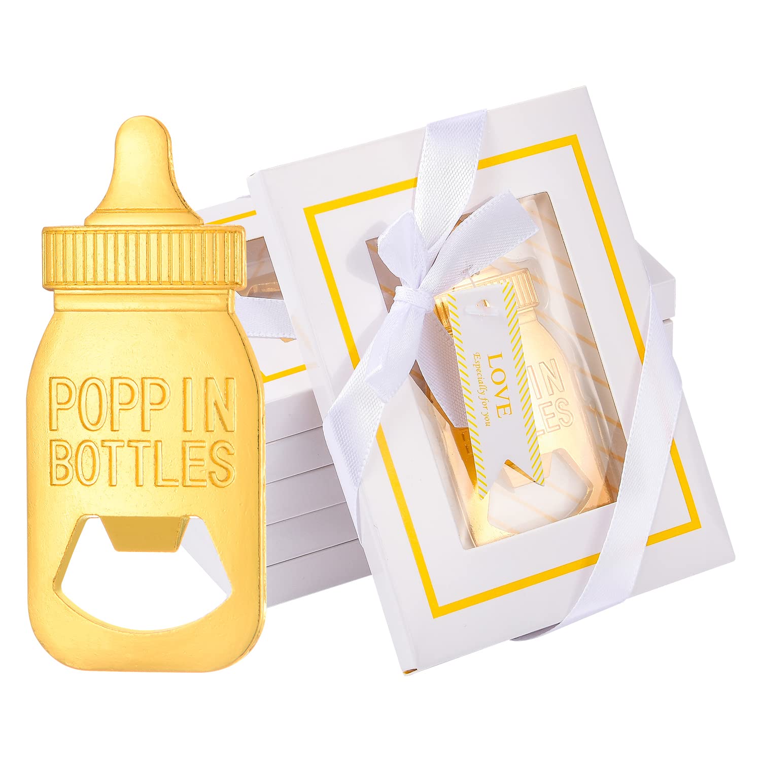 50 Pieces Baby Bottle Openers with 50 Packs Baby Shower Party Return Gift Box to Guests for Baby Shower Favors&Decorations&Gifts, Cute Poppin Bottle Design for Party Supplies(White)