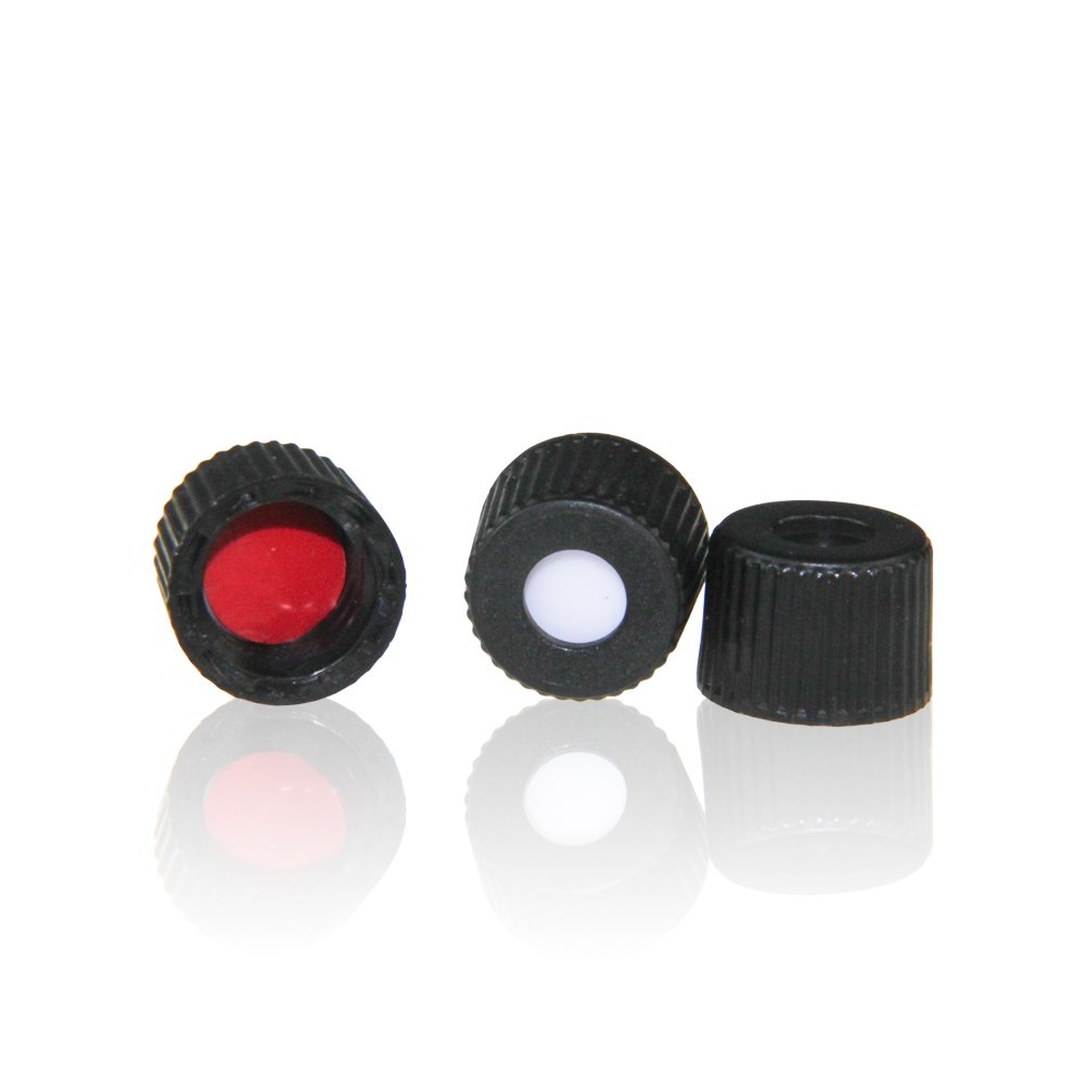 ALWSCI HPLC LC 8-425 Screw Thread Vial Caps, 8 mm, PTFE/Silicone Septa, Black, Polypropylene, 100 pcs/pk