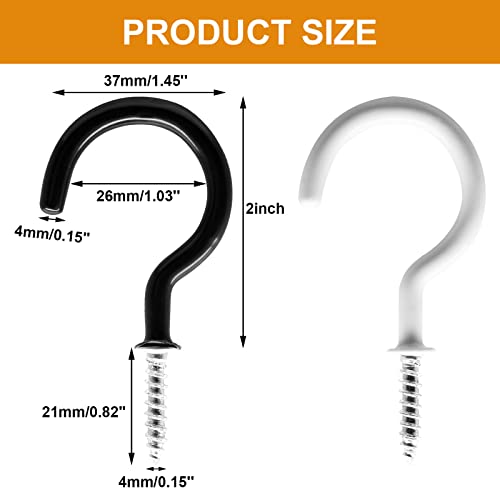 Biaungdo 2 Inch Metal Screw-in Hooks, Black and White Ceiling Cups Hooks for Hanging, 12 Pcs
