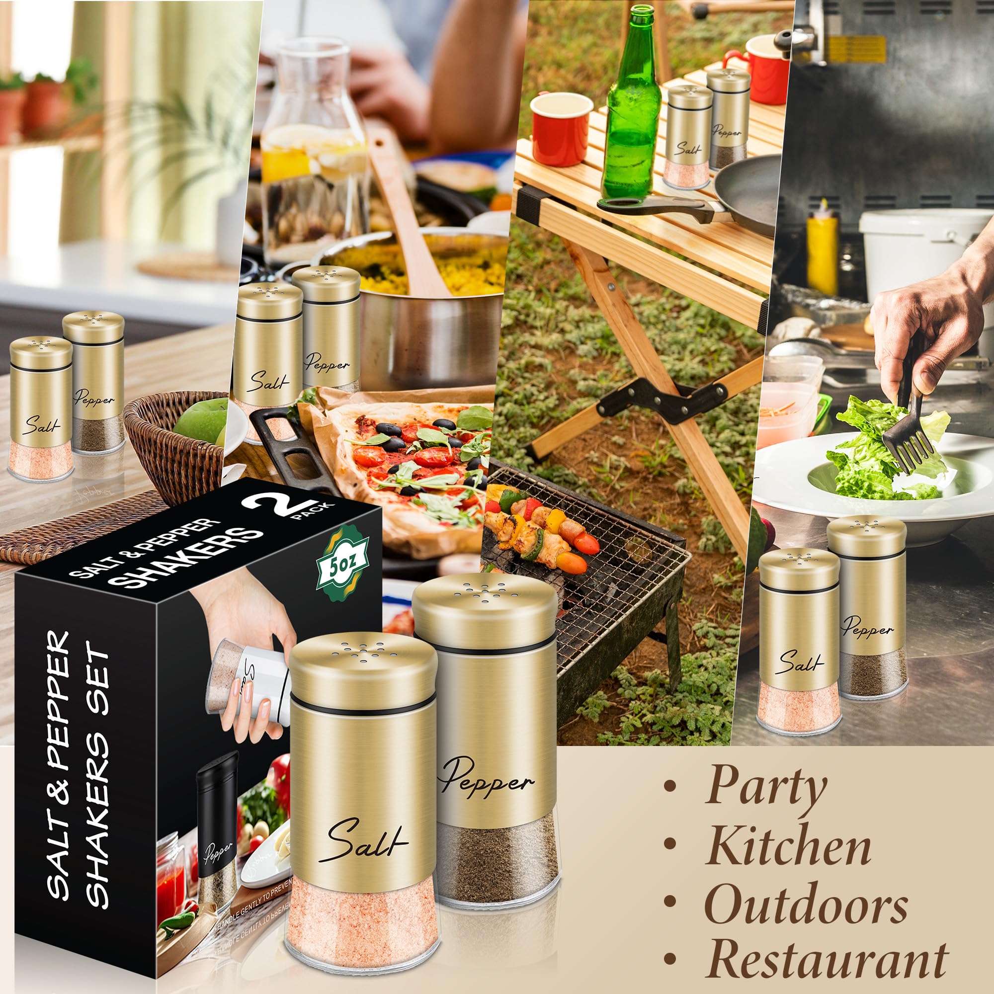 Gold Salt and Pepper Shakers Set, 5 oz Modern Farmhouse Kitchen Decor and Accessories for Restaurant, Wedding, Housewarming Gifts Refillable Design (Gold)