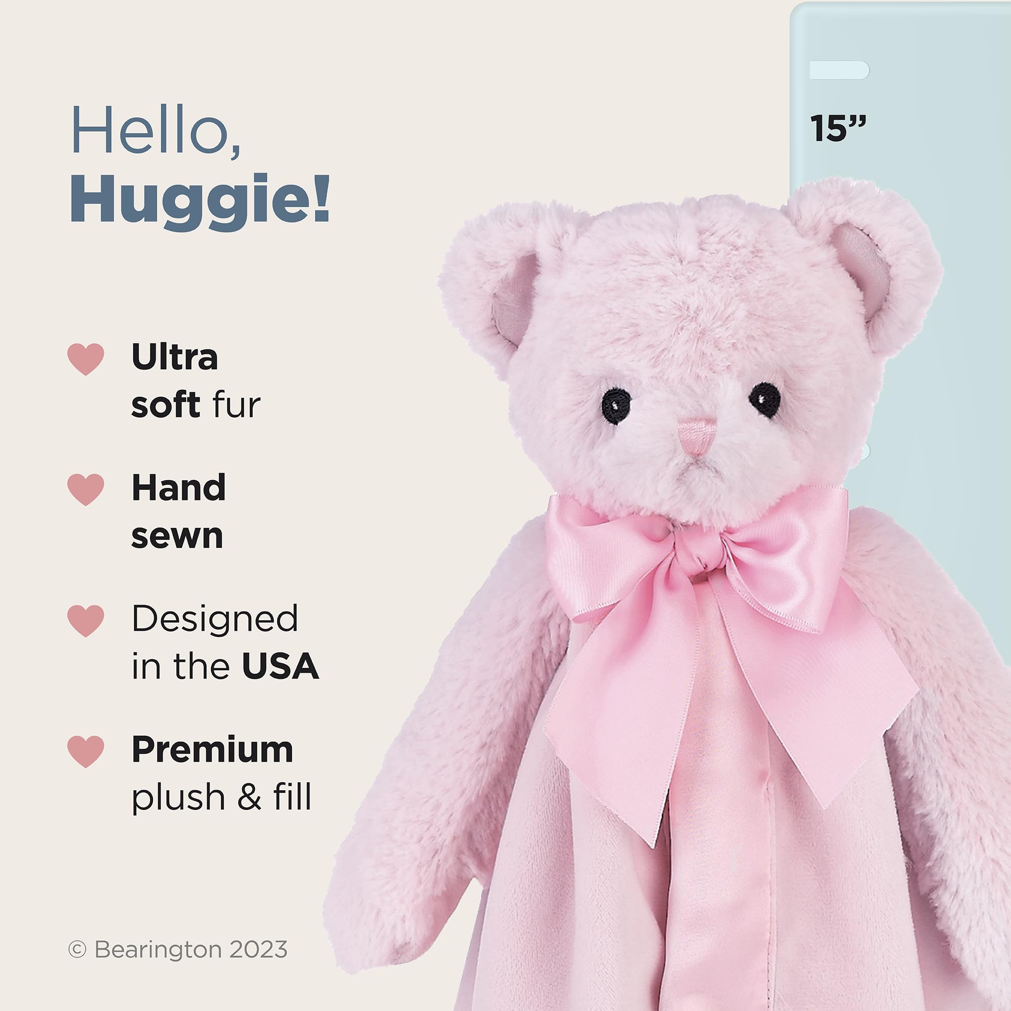 Bearington Baby Huggie Bear Snuggler, 15 Inch Pink Teddy Plush Stuffed Animal Security Blanket Lovey for Babies