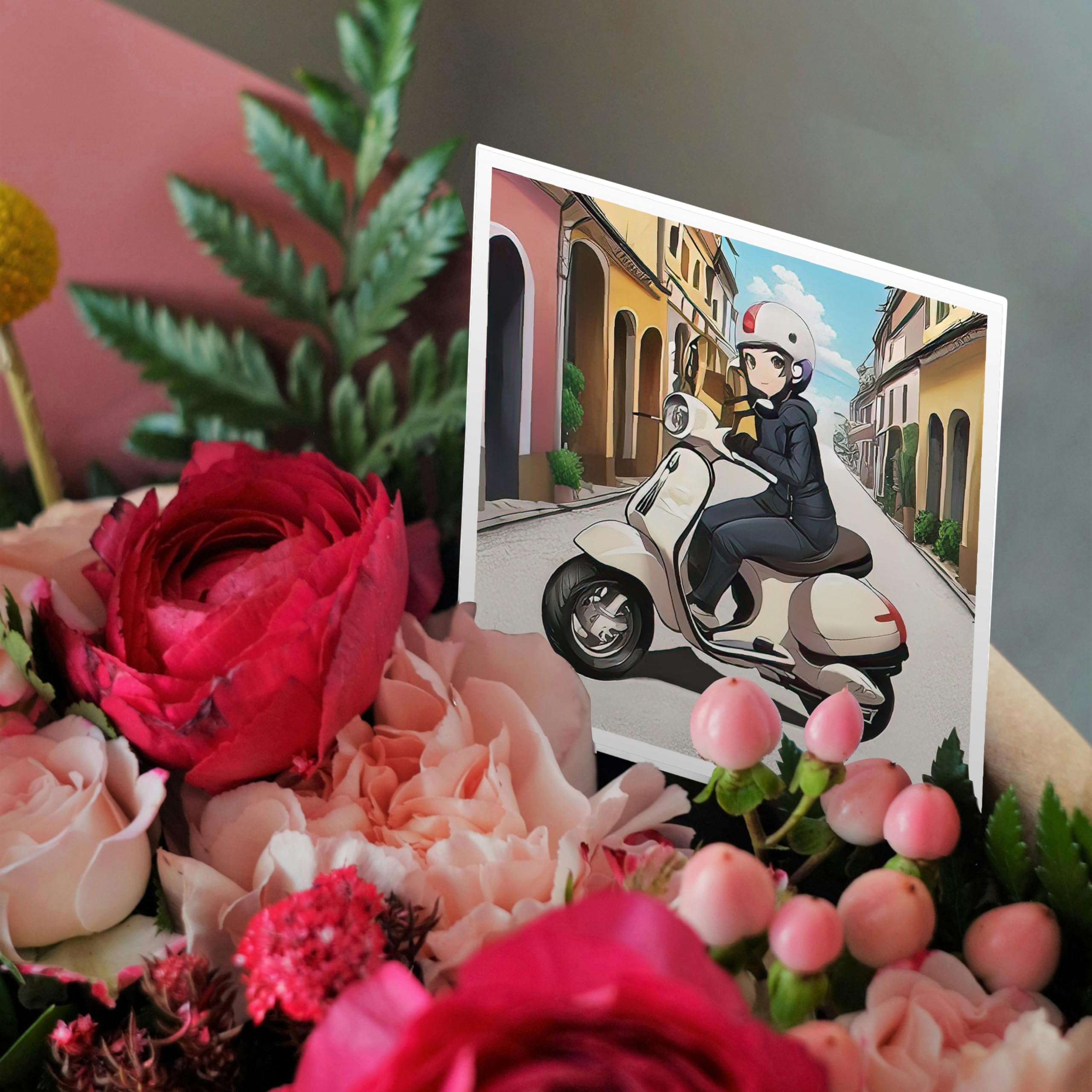 3dRose Greeting Card - A funny cartoon boy in helmet drives white scooter. Funny digital art - Alexis Design - Transport Scooters