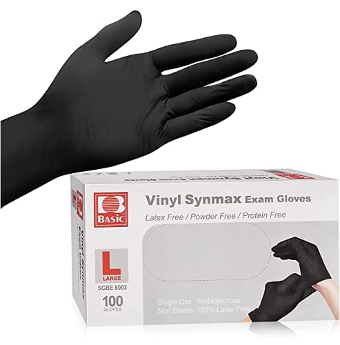 Basic Disposable Medical Synmax Vinyl Exam Gloves- 4 mil Safty Glove 1000pcs - Latex-Free & Powder-Free - SGBE 8003, Large (Case of 1000, Black)