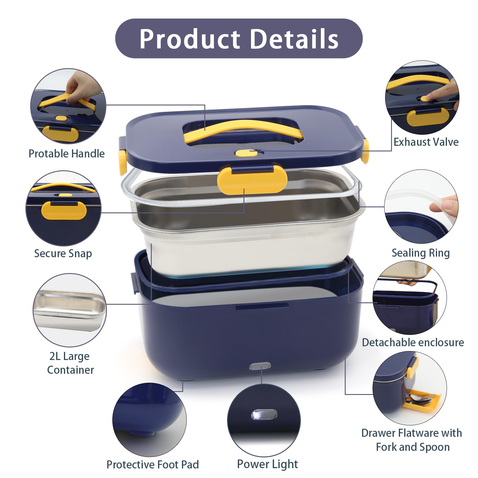 2L Electric Lunch Box,80W Portable Food Warmer Lunch Box Fast Heated Lunch Boxes for Adults,Rechargeable 12V 24V 110V Self Heating Lunch Box for Car Truck Work with SS Container Fork Spoon Carry Bag