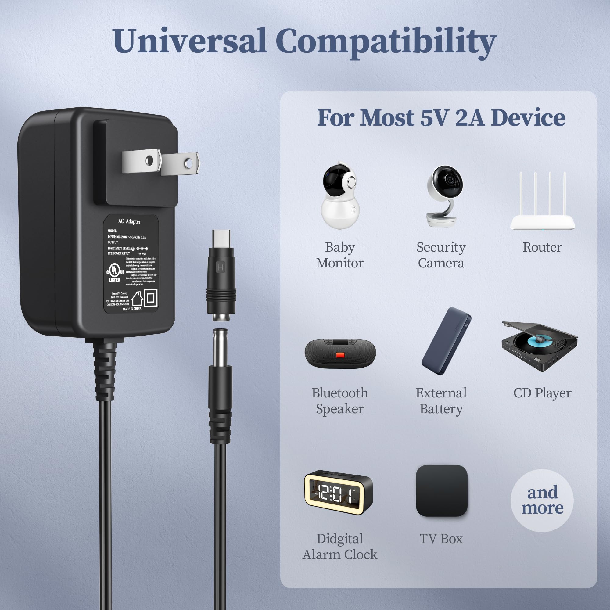 5V 2A Power Supply 5 Volt Charger 2000mA 10W Max Regulated Switching AC to DC Cord Adapter with 10 Replacement Connector 100V - 240V Input Adaptor (USB)