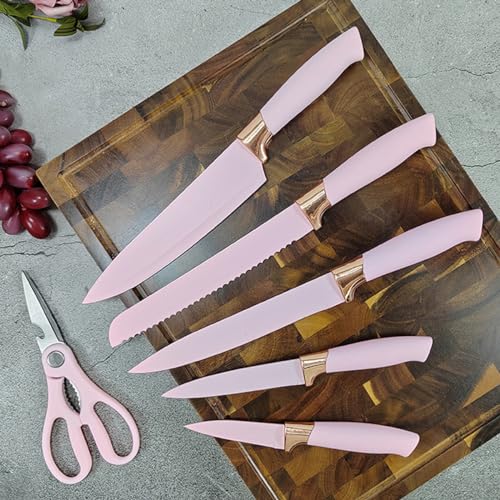 Knife Set, 9Pcs Stainless Steel Non Stick Kitchen Knife Block Set, Sharp Cutlery Knives Set with Sharpener Knives Set with Rotatable Storage Stand Scissors Pink