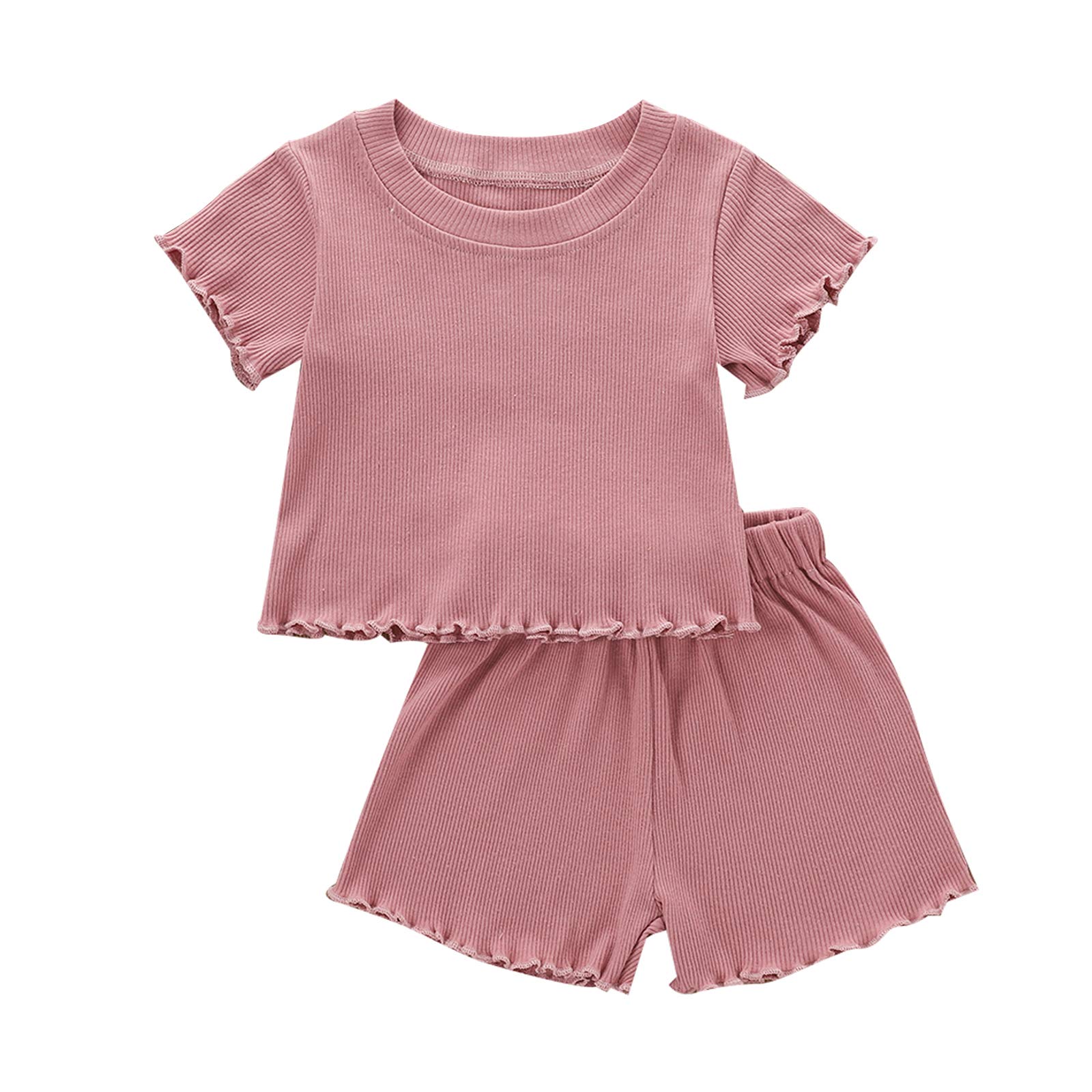 Kupretty 2Pcs Toddlers Baby Girls Summer Clothes Set Ruffle Ribbed Short Sleeves T-Shirt Tops Shorts Comfy Outfits (Pink, 18-24 Months)