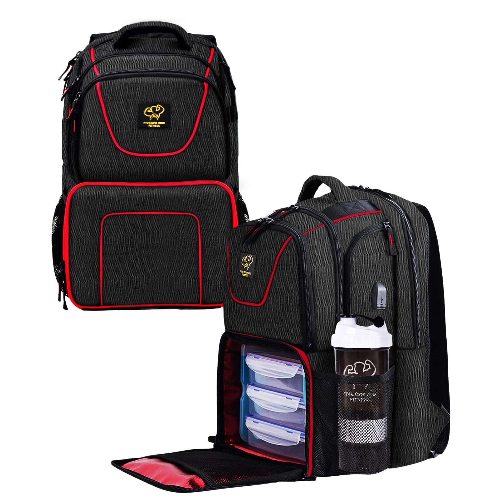 519 Fitness Meal Prep Backpack,Insulated Cooler Lunch Backpack with Computer Compartment,Hiking Picnic Cooler Rucksack For Men and Women,3 Meal Containers,2 Ice Packs and Protein Shaker(black)