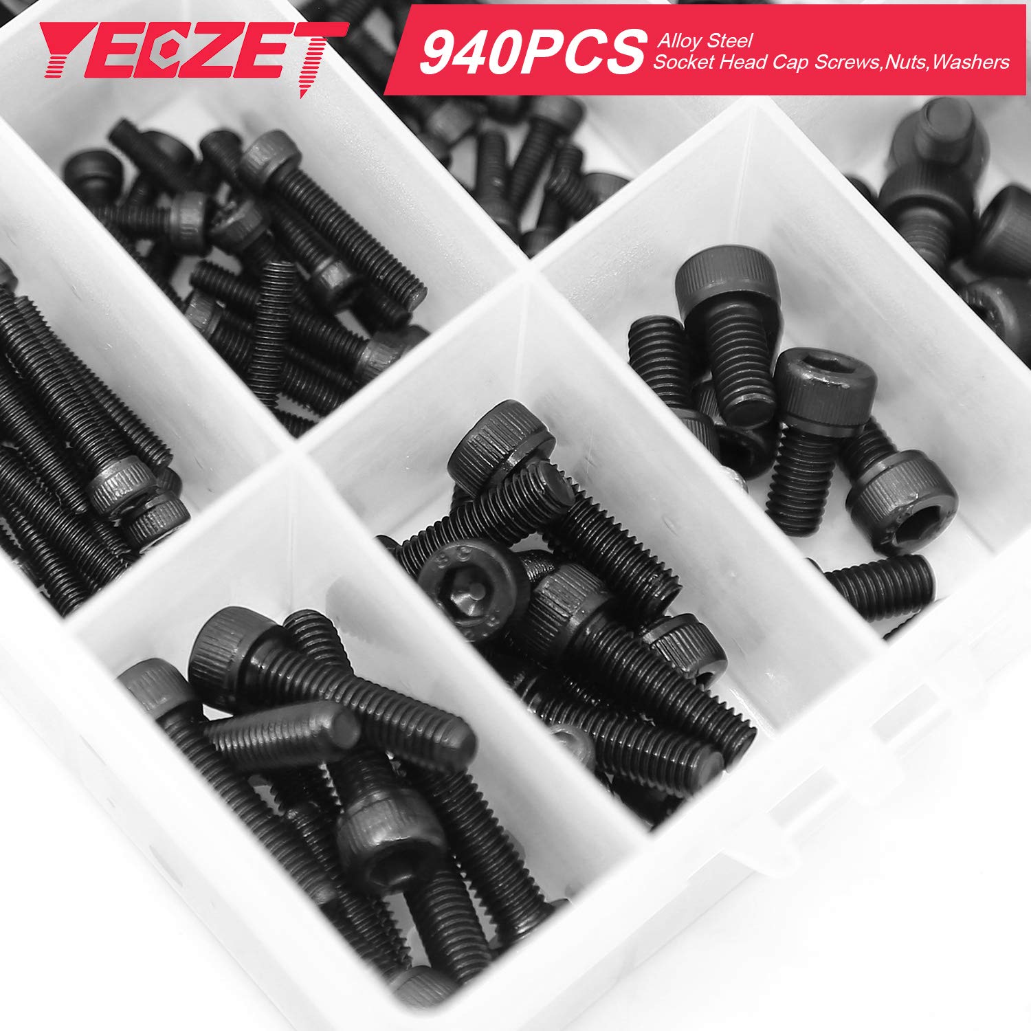 YEEZET M2 M3 M4 M5 12.9 Grade Alloy Steel Hex Socket Head Cap Screws Bolts Nuts Flat Washers Set Assortment Kit with Storage Box, Allen Socket Drive (940 PCS)