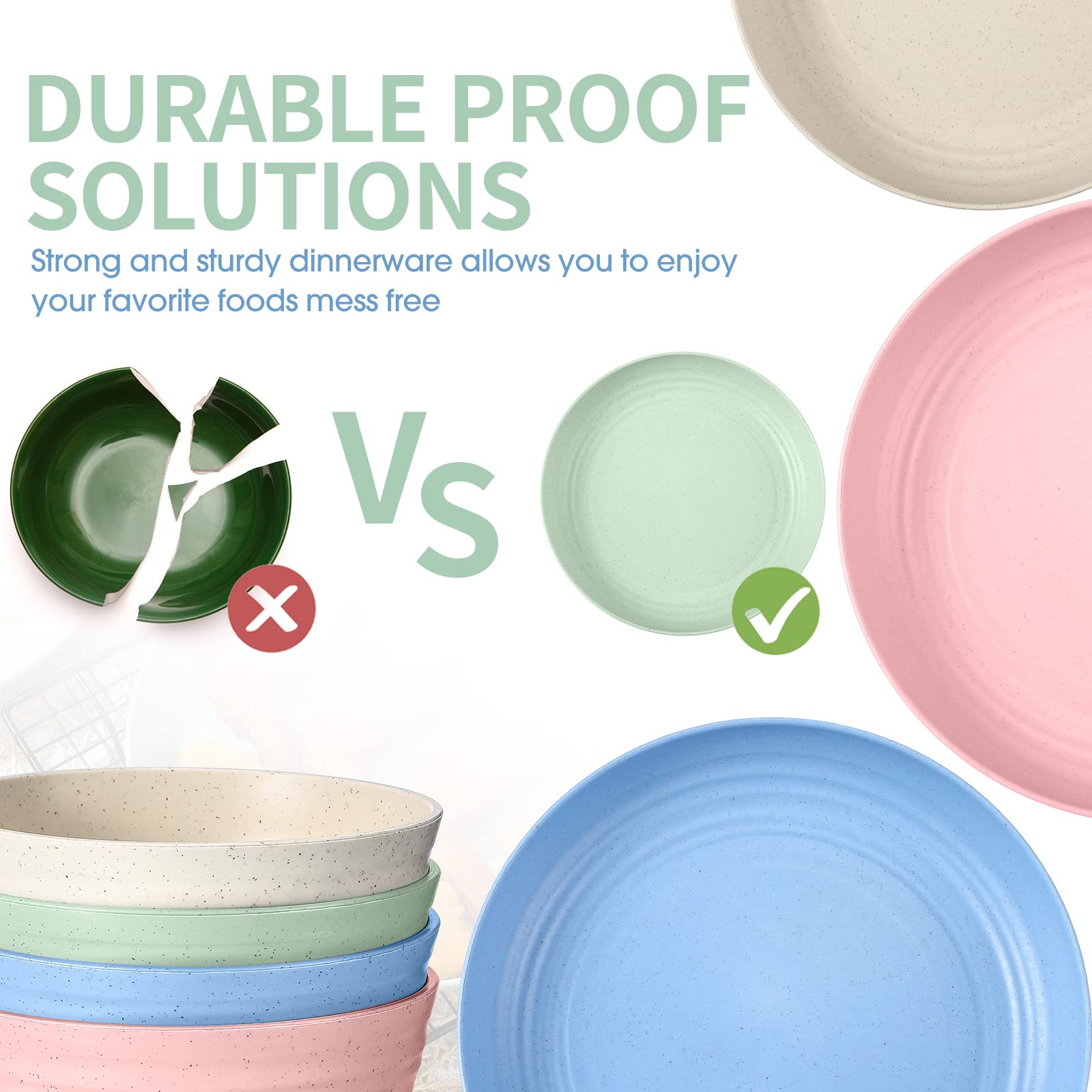 64 Pcs Wheat Straw Dinnerware Sets Unbreakable Dinnerware Set Plastic Dishes Set Reusable Lightweight RV Camping Bowls Dishes Plates Cups Set Microwave Safe Dinnerware for Kitchen Indoor