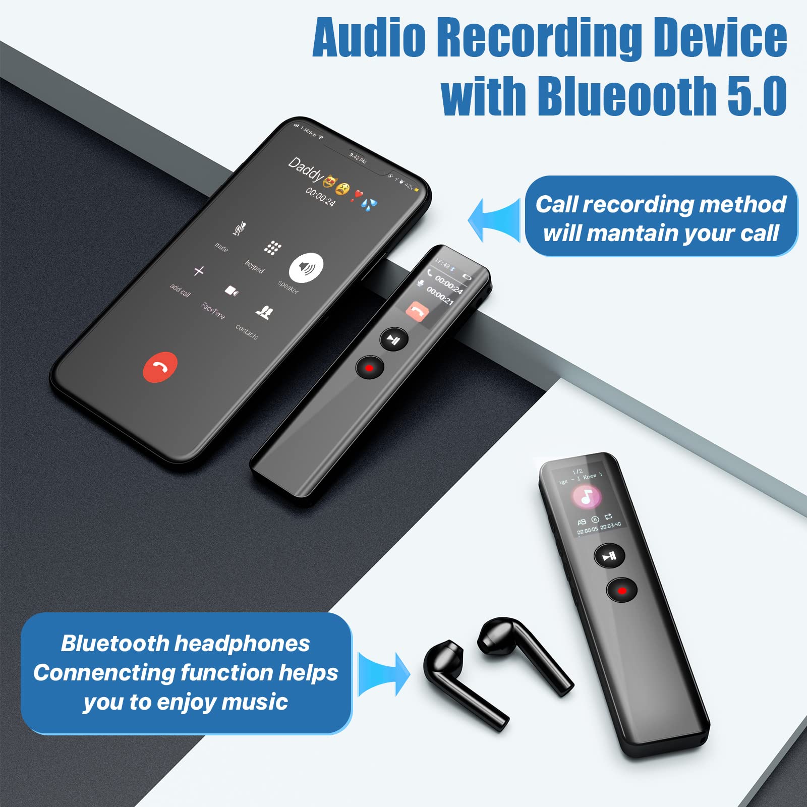 64GB Digital Voice Recorder, Audio Recording Device with Playback, 3072KBPS Noise-Free Voice Activated Recorder with Password, Bluetooth, Dictaphone Recorder for Lectures Meetings and Interviews