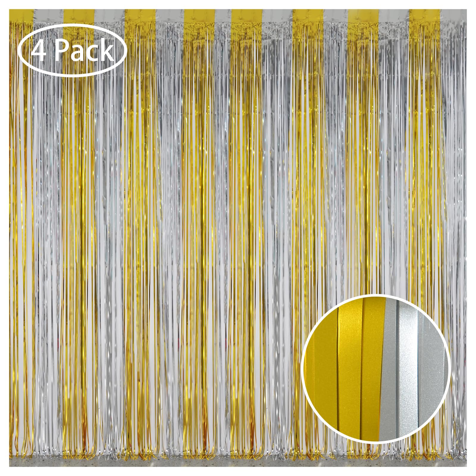 Melsan Gold and Silver Tinsel Curtains - 3.2ft X 8ft Foil Fringe Curtain Photo Backdrop for New Year Eve, Anniversary, Graduation, Birthday Party Backdrop - 4 Packs