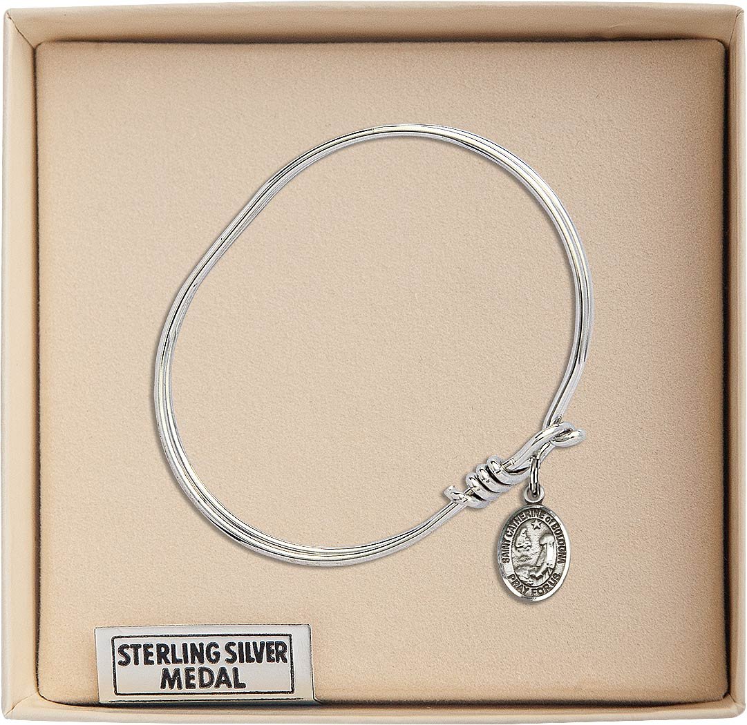 5 3/4 inch Oval Eye Hook Bangle Bracelet w/St. Catherine of Bologna in Sterling Silver