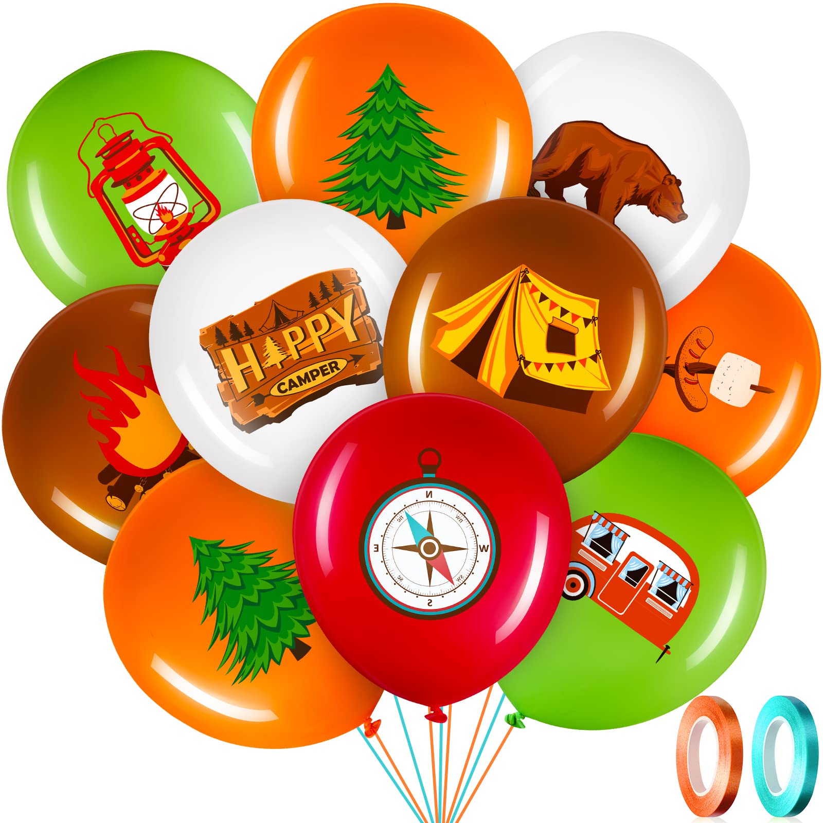 45 Pcs Camper Balloons, Colorful Camping Party Balloons Decorations, Camping Adventure Party Supplies with Green and Brown Ribbon Latex Balloon Kits for Boy Girl Hiking Camper, 12 Inch