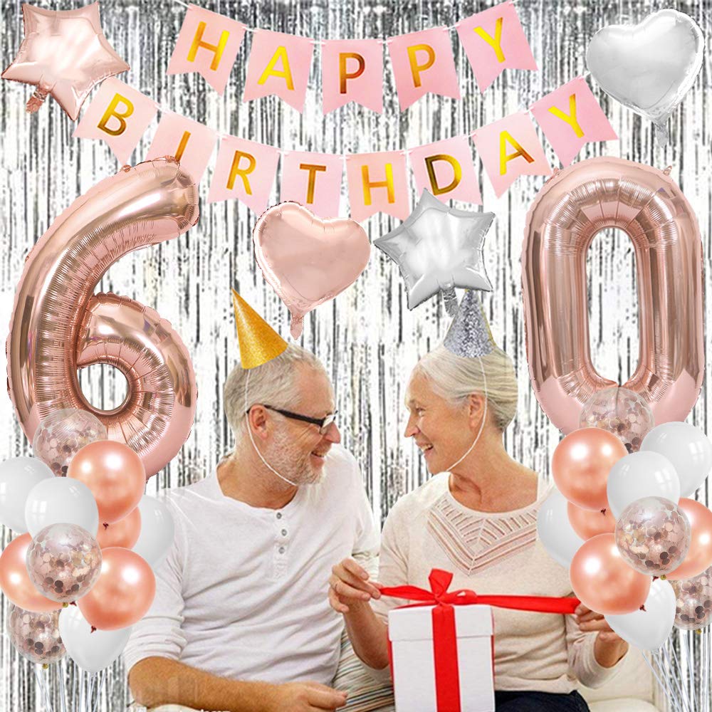 60th Birthday Decorations for Women Rose Gold Happy 60 Birthday Banner 60th Birthday Party Decorations 60 Balloon Numbers