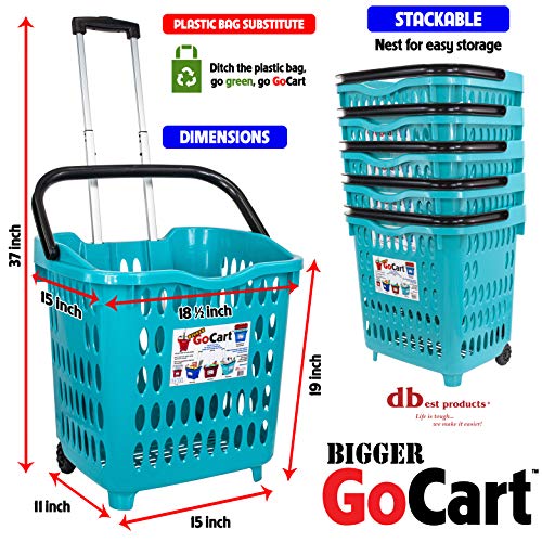 dbest products Bigger GoCart Grocery Cart Rolling Shopping Laundry Basket on Wheels Hamper with Telescopic Handle Cleaning Caddy Trolley, Teal, Bigger 1 pack