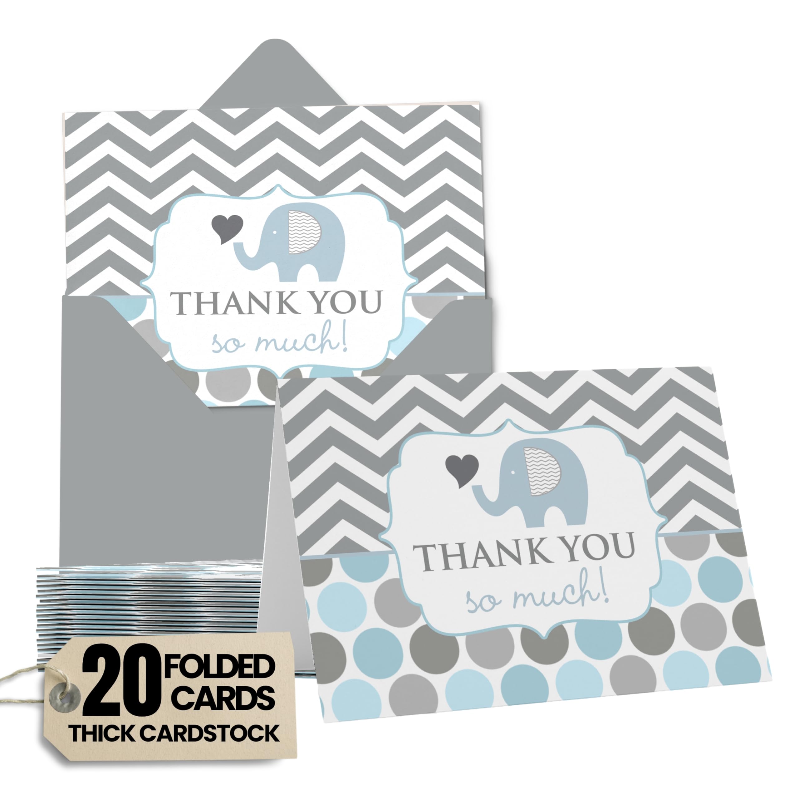 Paper Clever Party Blue Elephant Thank You Cards with Envelopes for Boys Baby Shower, Gender Reveal, Birthday, Everyday Occasions, Small Folded Note Set, 20 Pack