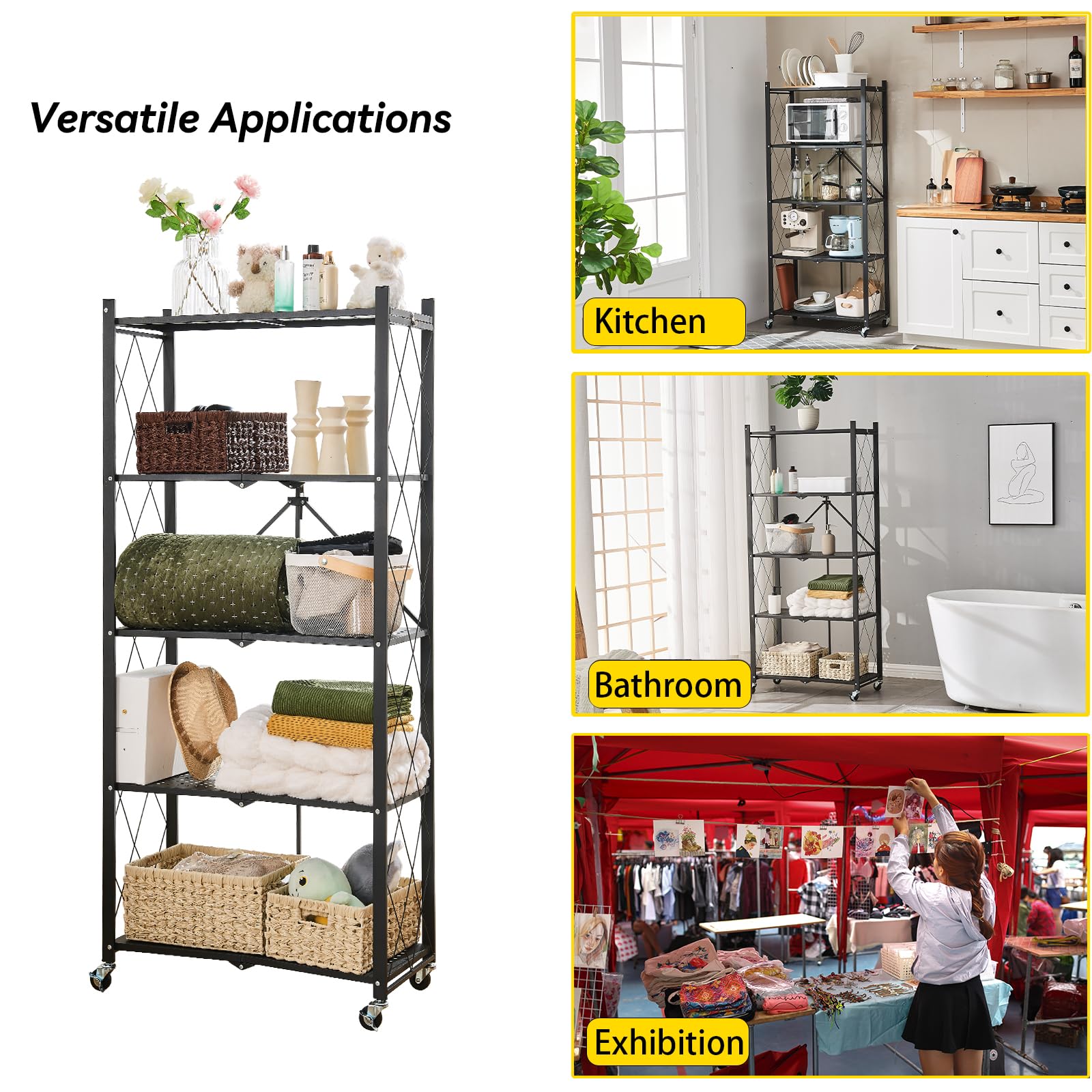 BRIAN & DANY 5-Tier Foldable Storage Shelves with Wheels, Folding Metal Rack Shelving Unit, Heavy Duty No Assembly Organizer Shelf for Garage, Kitchen, Basement, Pantry, Black
