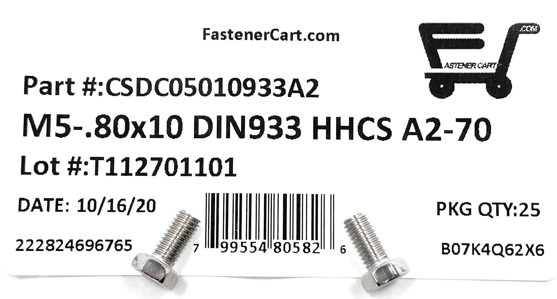 M5-.80 X 10 Hex Head Cap Screw Hex Bolts DIN933 (M5x10) Full Thread A2-70 Stainless Steel (25 Pieces)