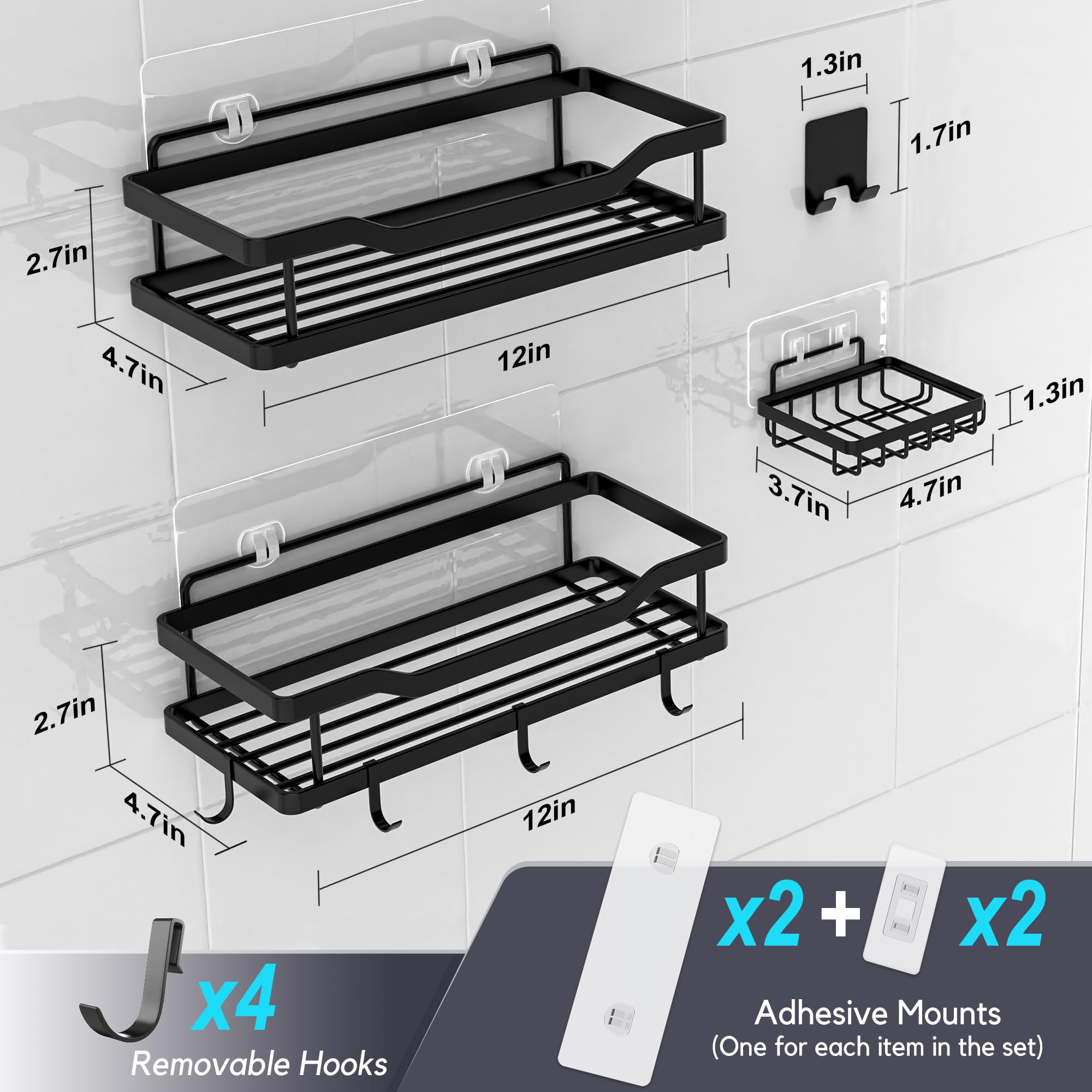 Ace Initiatives Shower Caddy 4 Pack, Adhesive Shower Organizer for Bathroom Storage & Kitchen, No Drilling, Large Capacity, Rustproof Stainless Steel Bathroom Organizer, Bathroom Shower Shelves