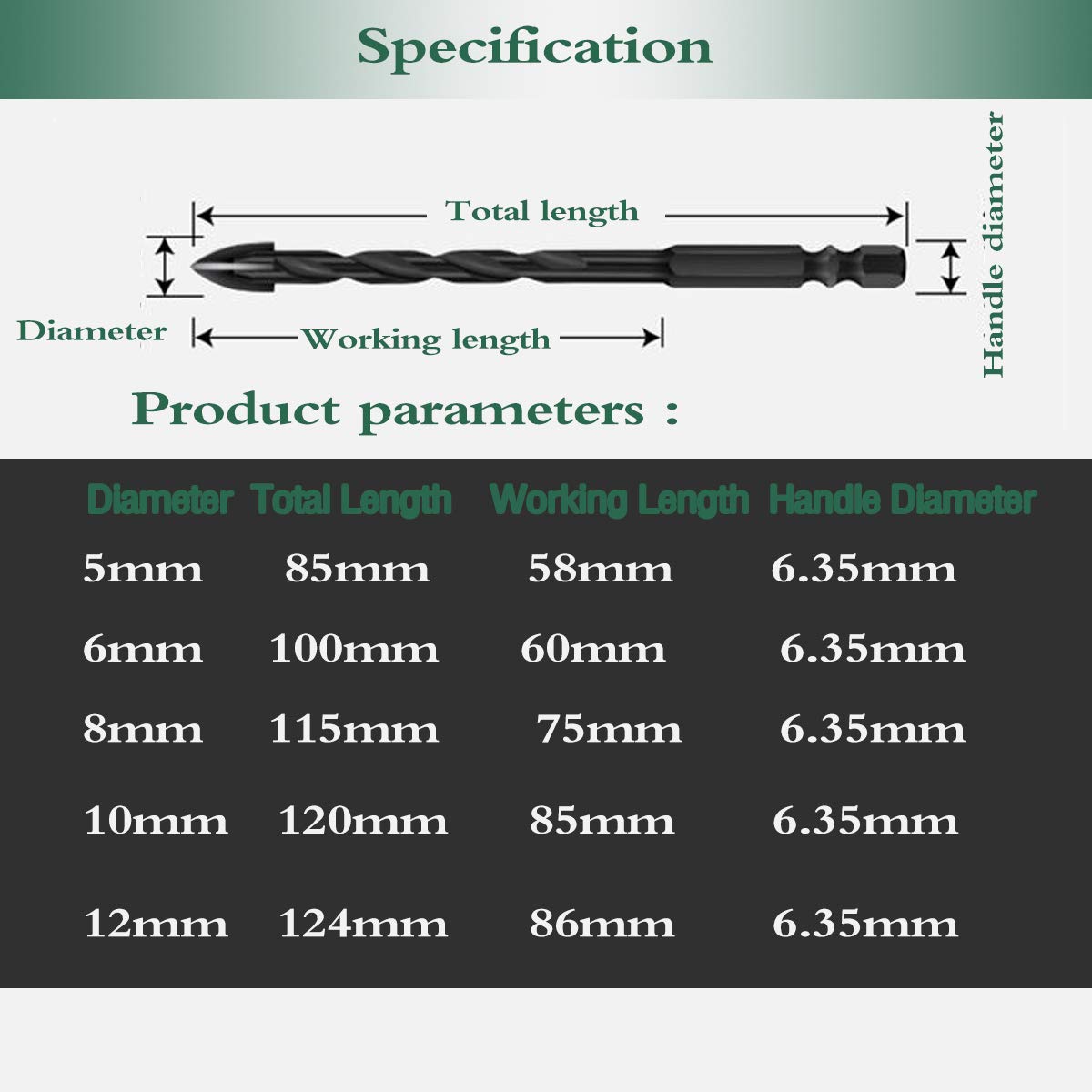 6PCS Ceramic Tile Drill Bits, JOERIC Masonry Drill Bits Set for Glass, Brick, Tile, Concrete, Plastic and Wood Tungsten Carbide Tip for Wall Mirror and Ceramic Tile with Size (5mm ~12mm).
