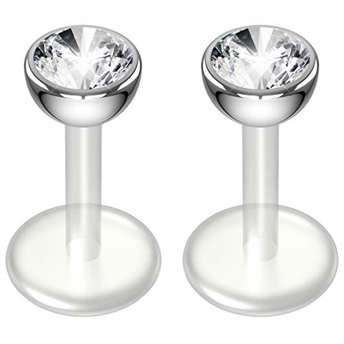 2pc 16g Cubic Zirconia CZ Bioplast Labret Flexible Lip Stud Clear BioFlex Hypoallergenic Jewelry 8mm