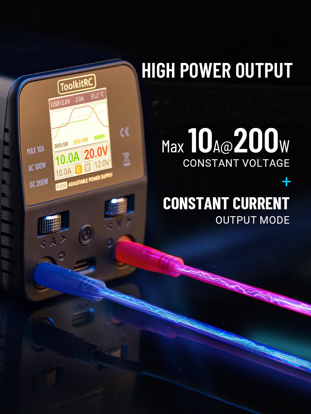 NEW ToolkitRC P200 V2 Mini 30V Supply AC100W DC200W 10A GaN Adjustable Mini Desktop Power Supply USB Output 4.0mm banana female port with TypeC 65W Output fast charging