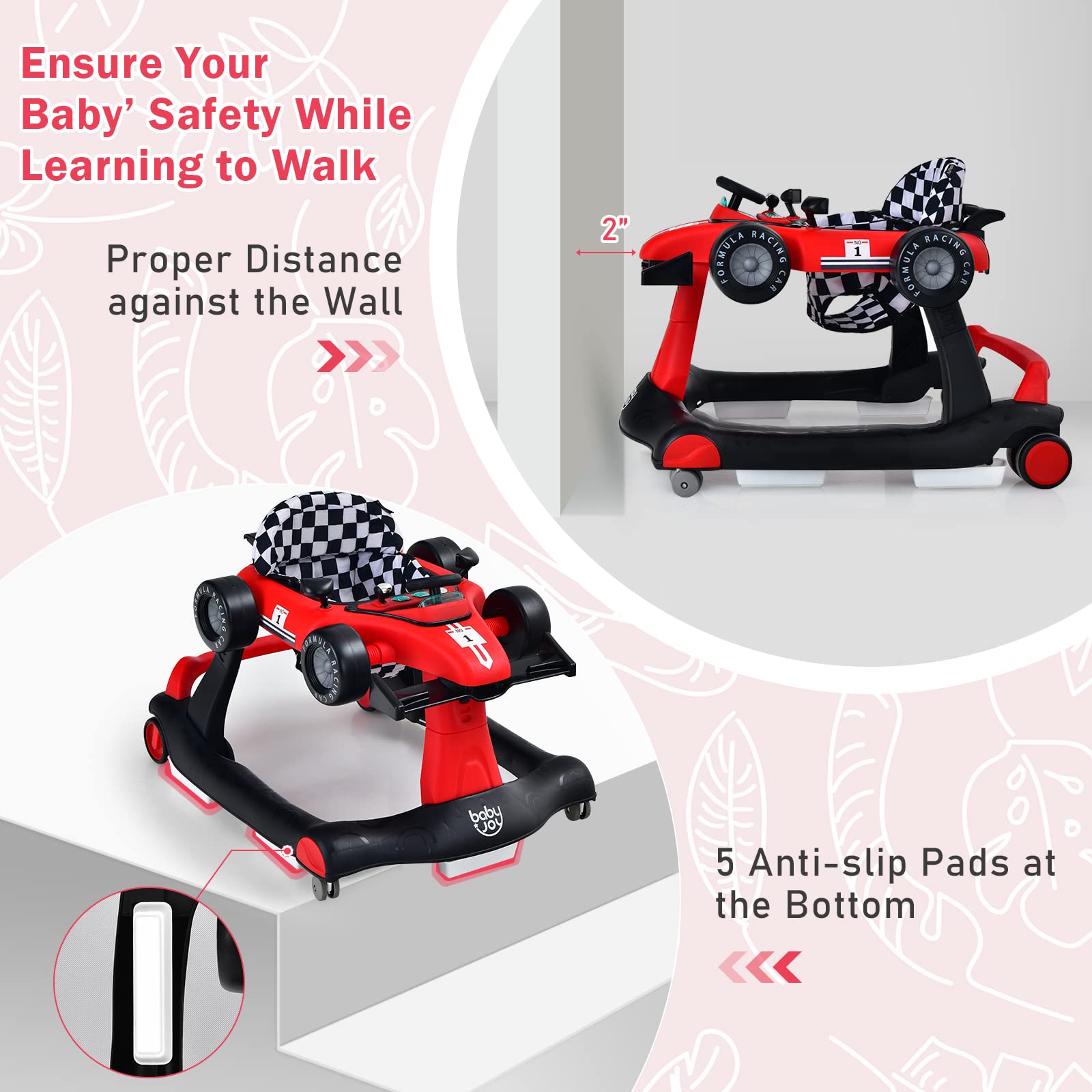 BABY JOY 4-in-1 Baby Walker, Foldable Activity Walker with Adjustable Height & Speed, Music, Lights, Anti-Rollover, Toddler Push Walker, Baby Walker with Wheels for Boys Girls 6-18 Months (Red)